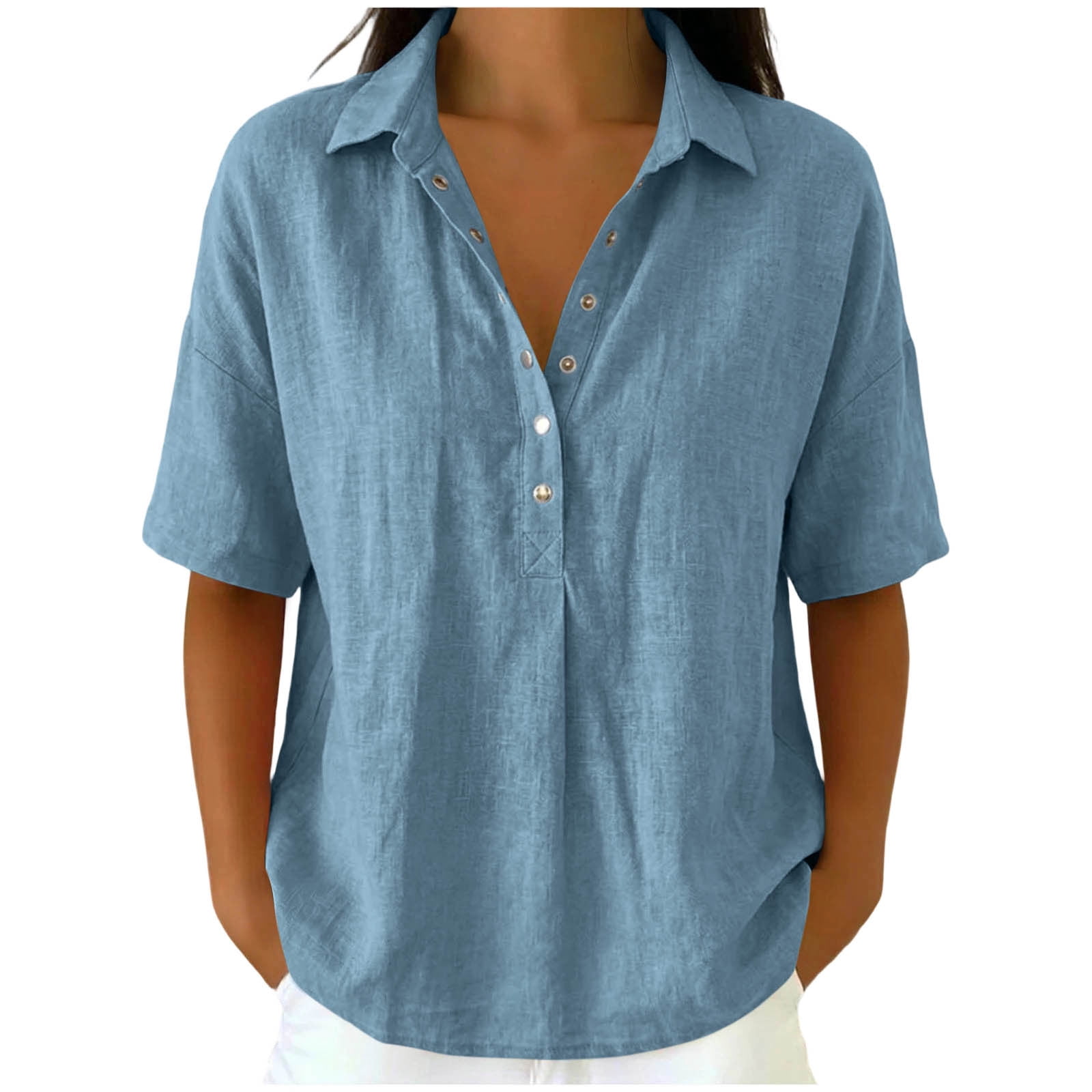Linen Shirts for Women Loose Fit Cotton Gauze Tops Half Sleeve Button V ...