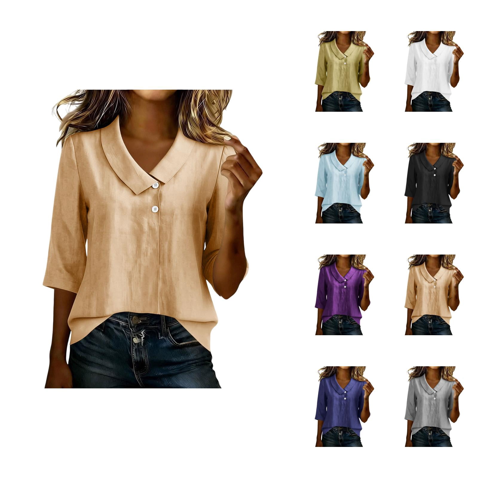 Linen Shirts for Women Summer 3/4 Sleeve Peter Pan Collar Loose Dressy ...
