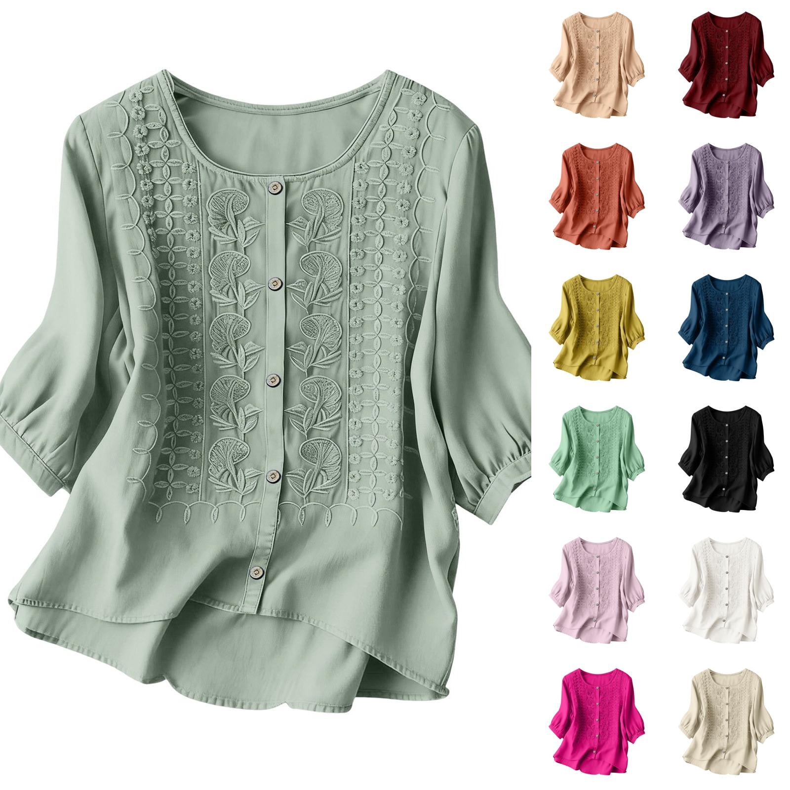 Linen Shirts for Women Summer Crew Neck Embroidered 3/4 Sleeve Boho ...