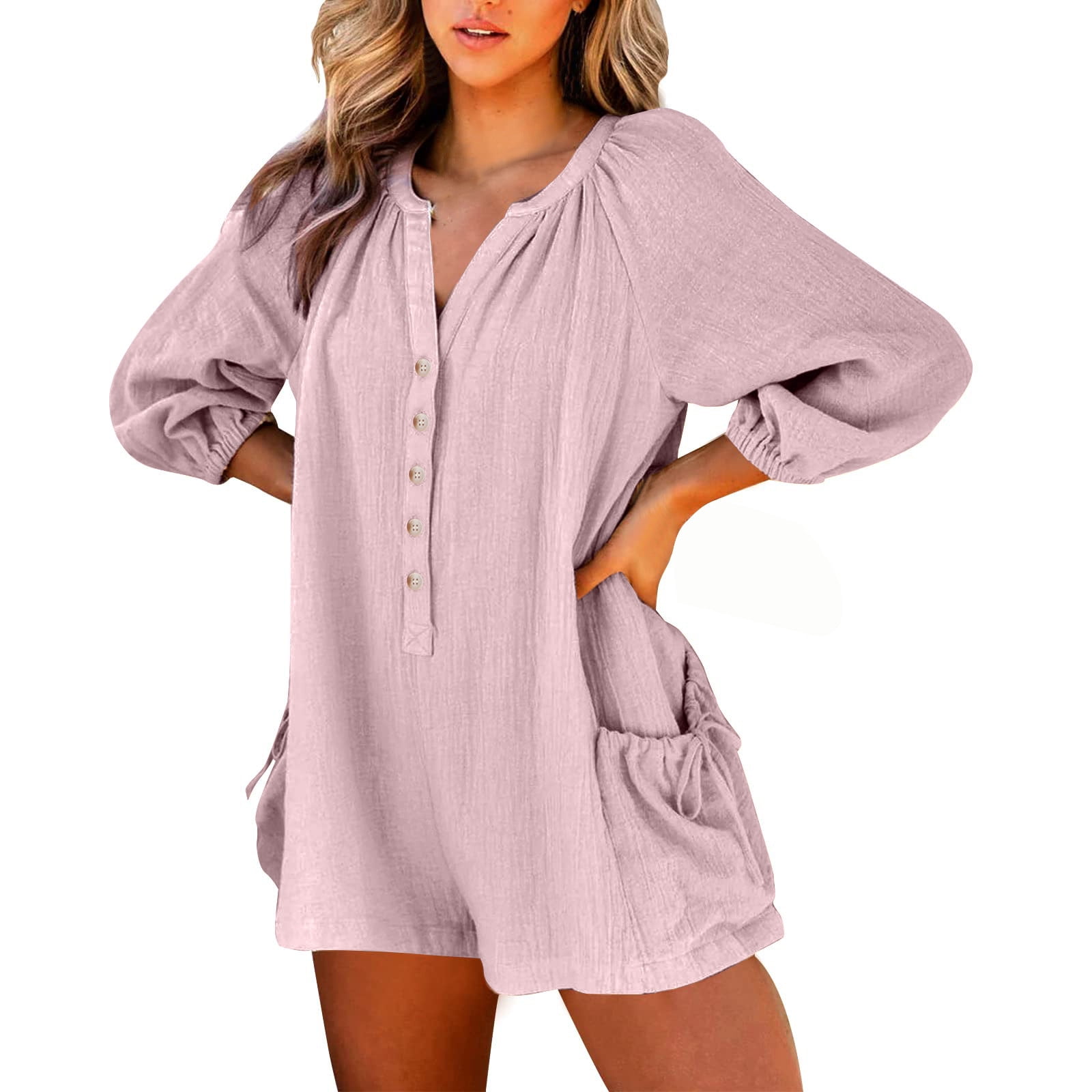 Linen Short Rompers Women Summer Casual 3/4 Sleeve Button Up Jumpers ...