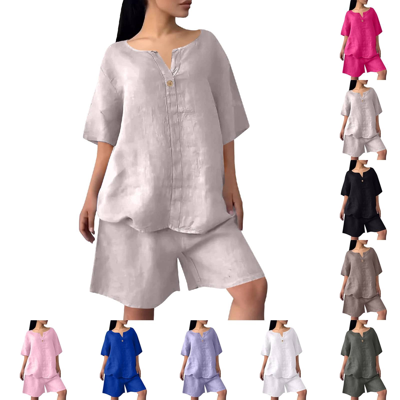 Linen Short Sets for Women 2 Piece Outfits V Neck Halter Tank Tops Knee ...