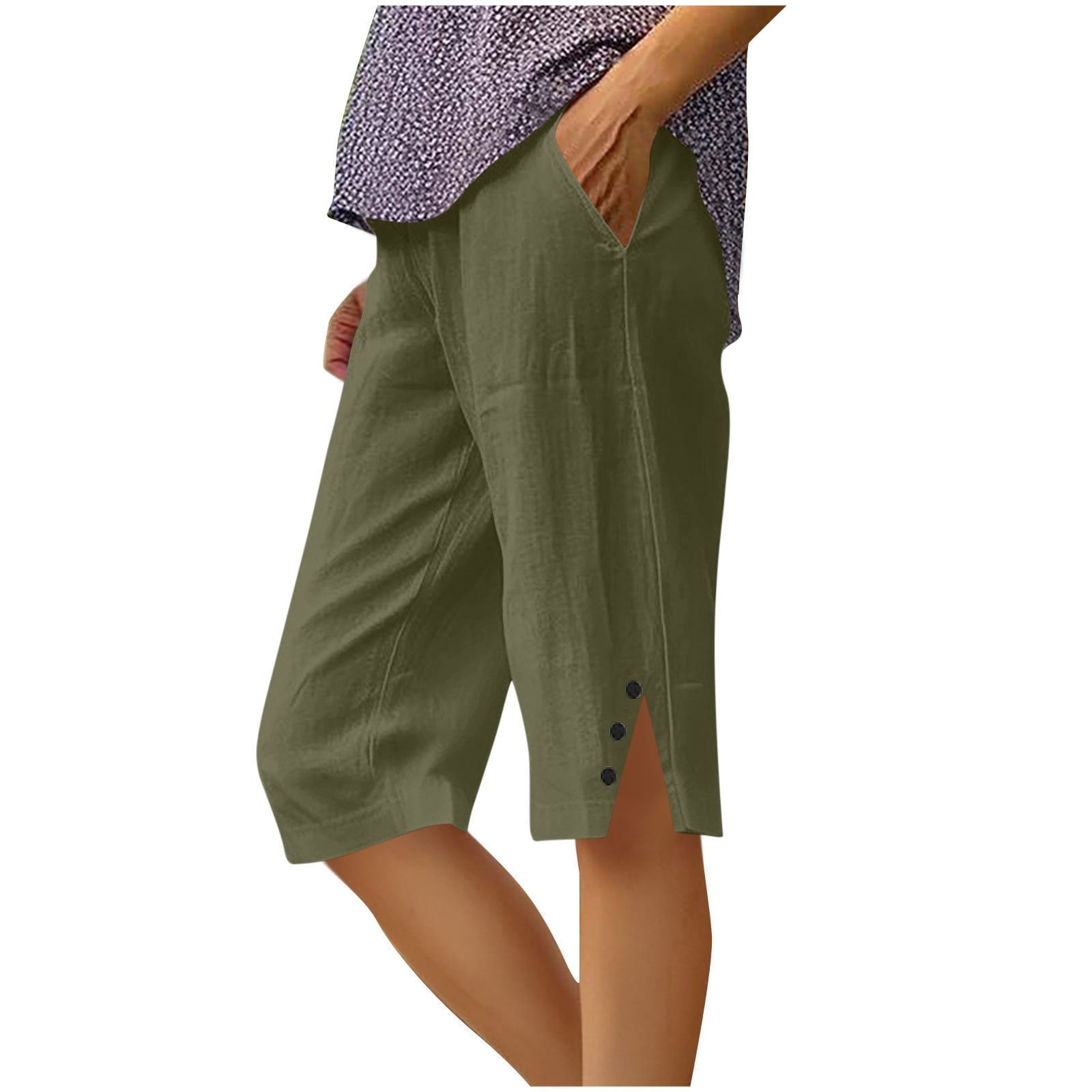 Linen Shorts Women Casual Soft Bermuda Shorts Knee Length Summer Side ...