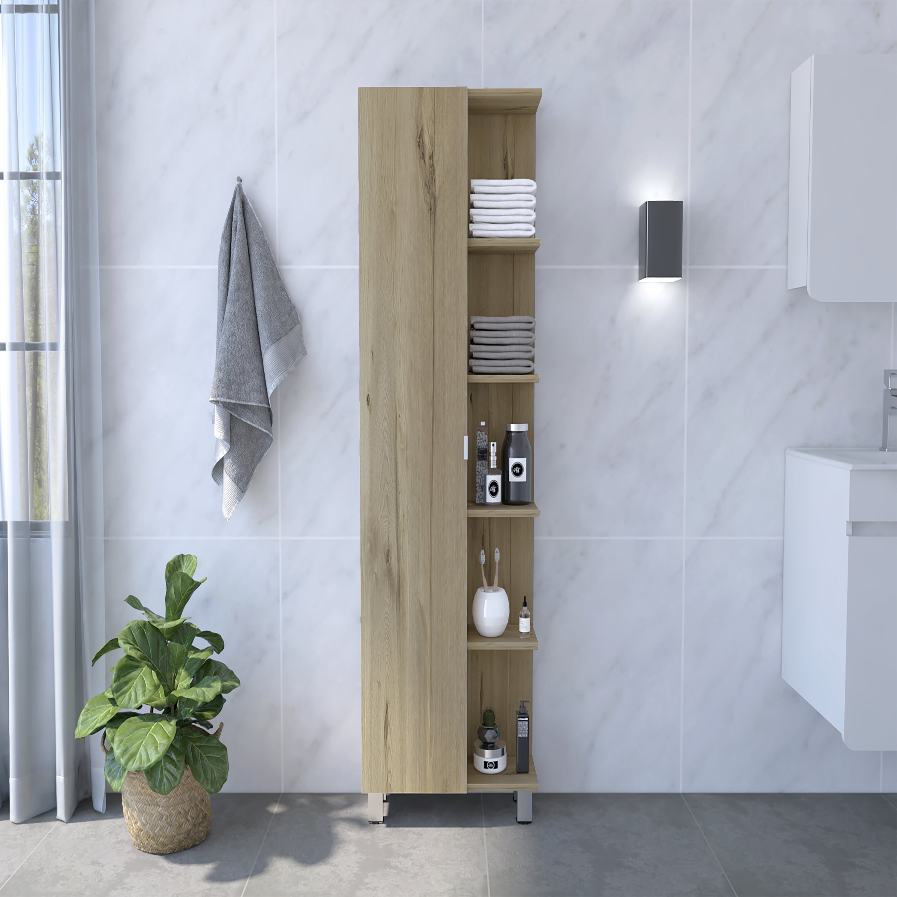 Linen Single Door Cabinet 62" H, Five External Shelves, Four Interior ...