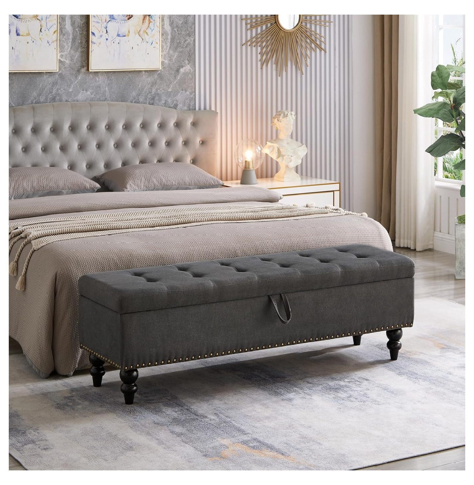 Linen Storage Bench for Bedroom End of Bed,59" Long Tufted Bed Bench ...