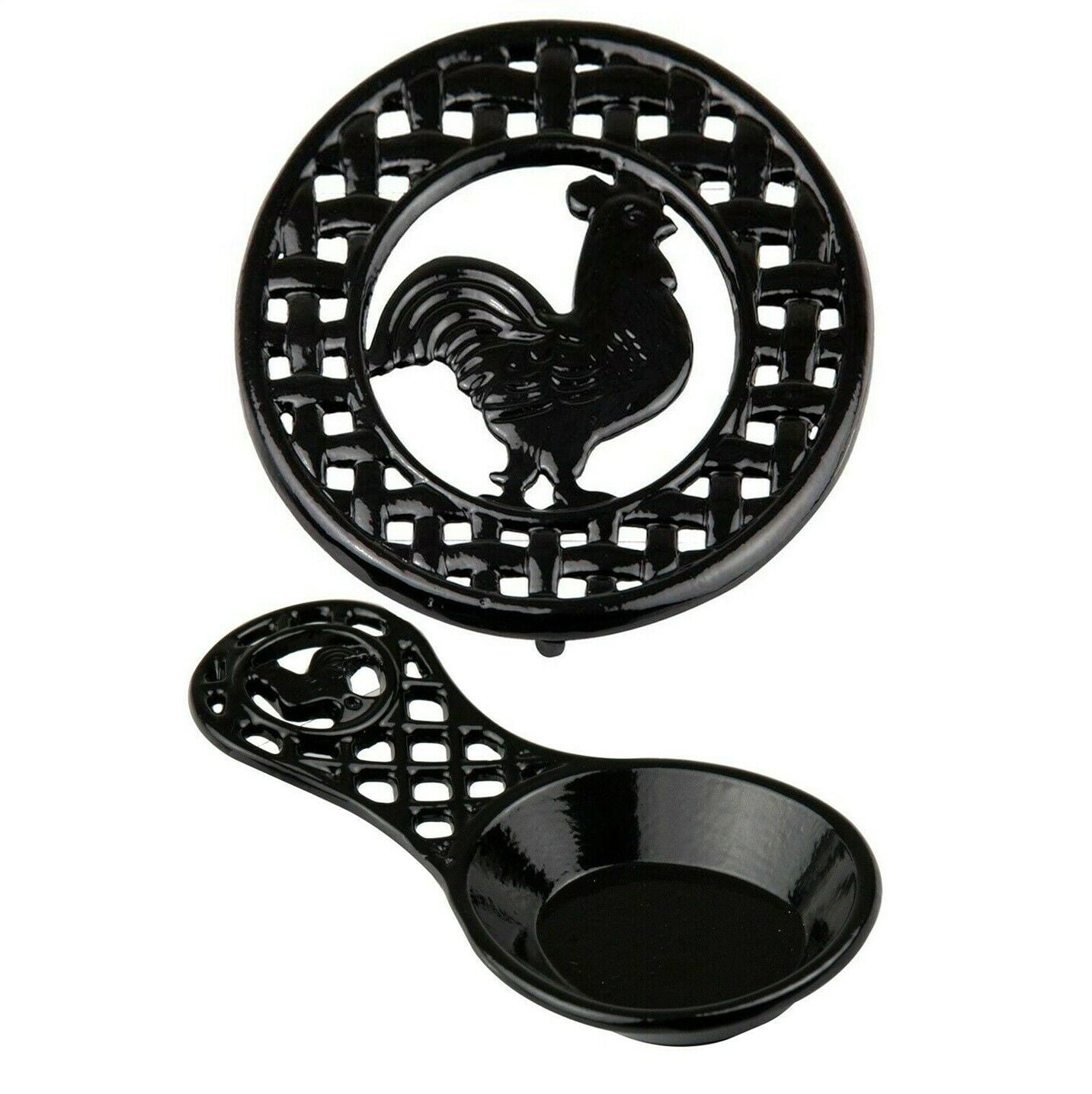 Linen Store Cast Iron 2 Piece Set Spoon Rest & Trivet Rooster Black ...