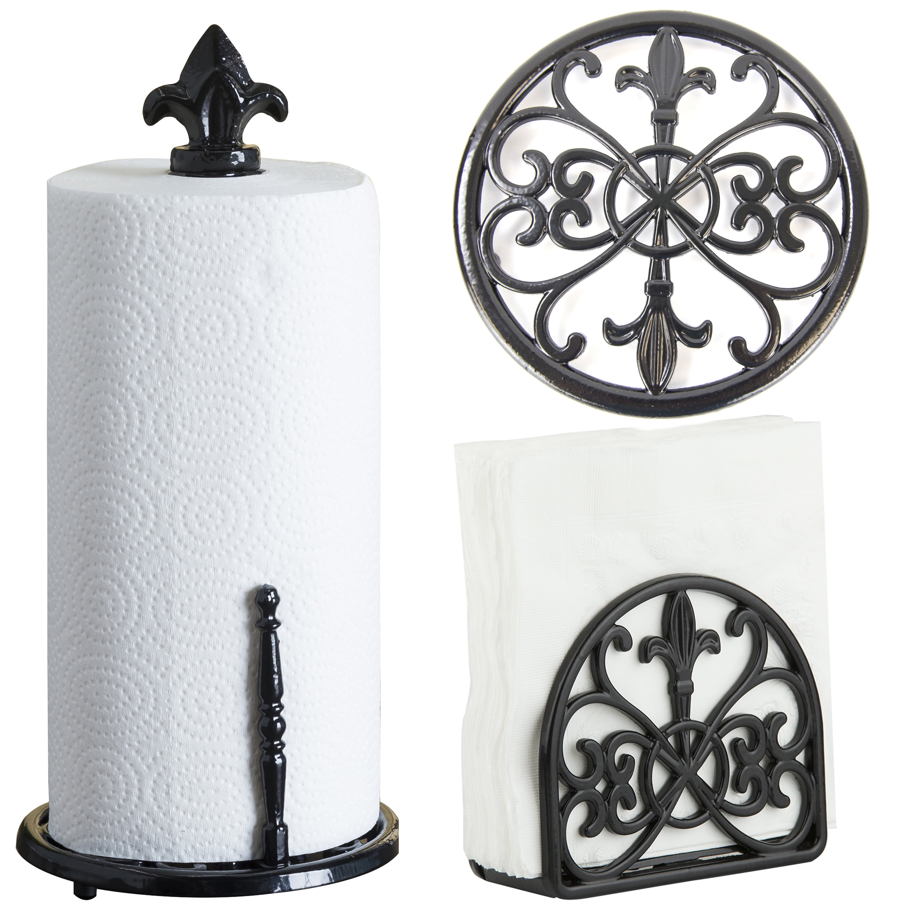 Linen Store Cast Iron 3 Piece Set Paper Towel Holder & Napkin Holder ...