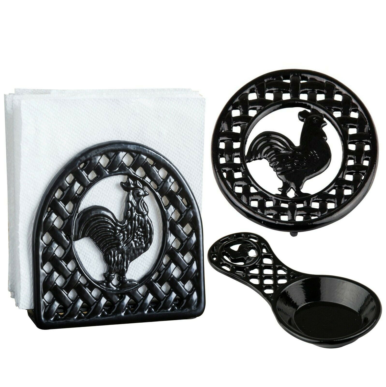 Linen Store Cast Iron Rooster 3 Piece Set Napkin Holder, Spoon Rest ...
