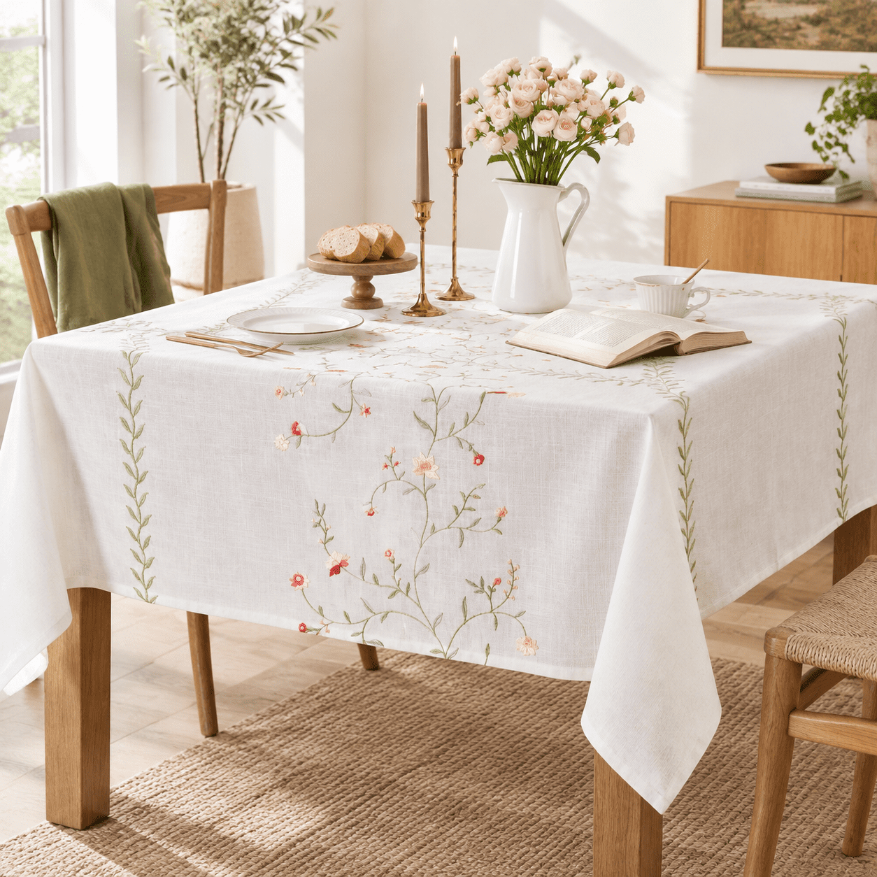 Linen Style Embroidered Table Cloth 55