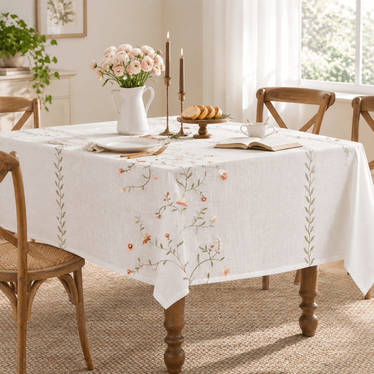 Linen Style Embroidered Tablecloth 55