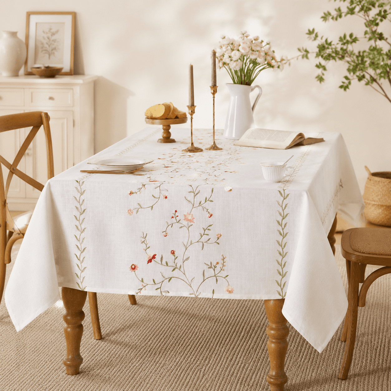 Linen Style Embroidered Tablecloth 55