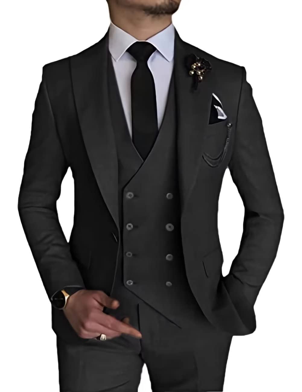 TRANSCOSMOS Linen Suits Men, Slim Fit 3 Piece Wedding Set, Black ...