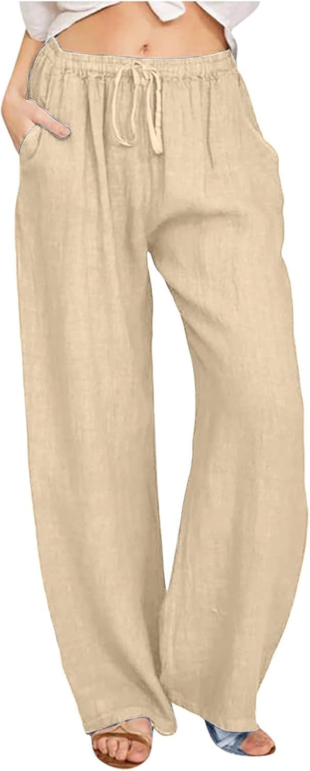 Linen Summer Pants Women 2024 Trendy Casual High Waist Drawstring Loose ...