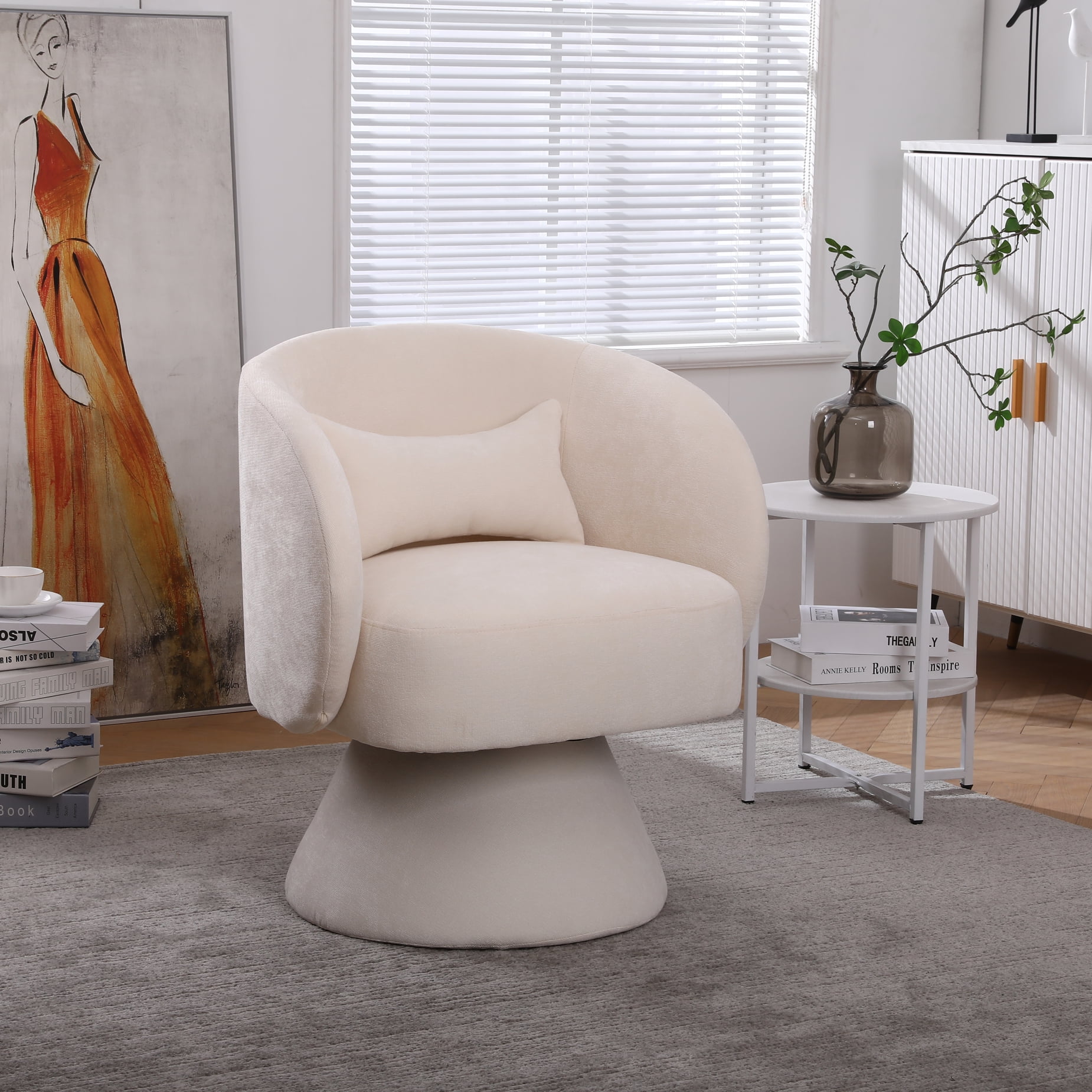 Linen Swivel Barrel Chair, Single Armchair with Lumbar Pillow ...