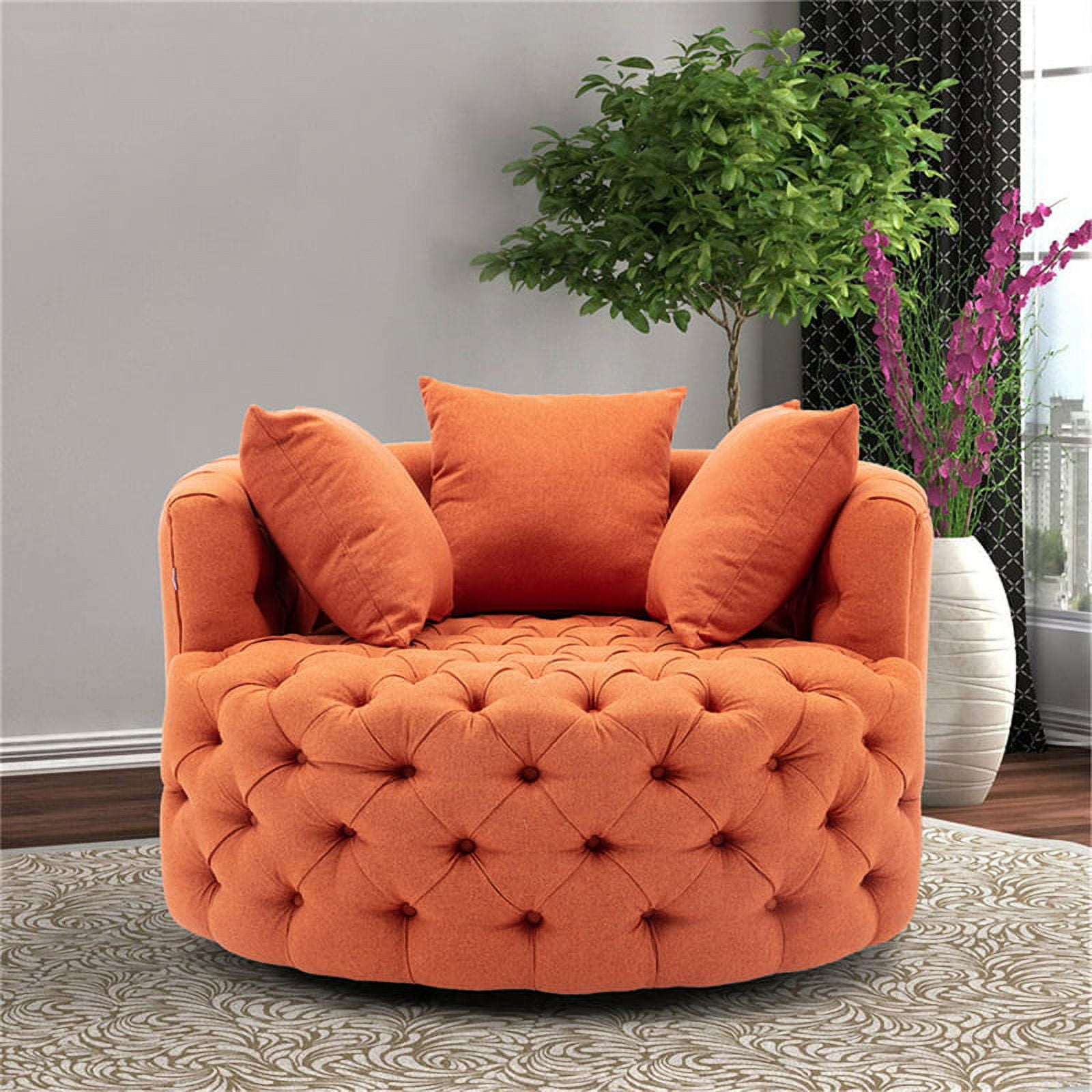 Linen Swivel Barrel Chair with 3 Pillows, Oversized Round Sofa Chair ...
