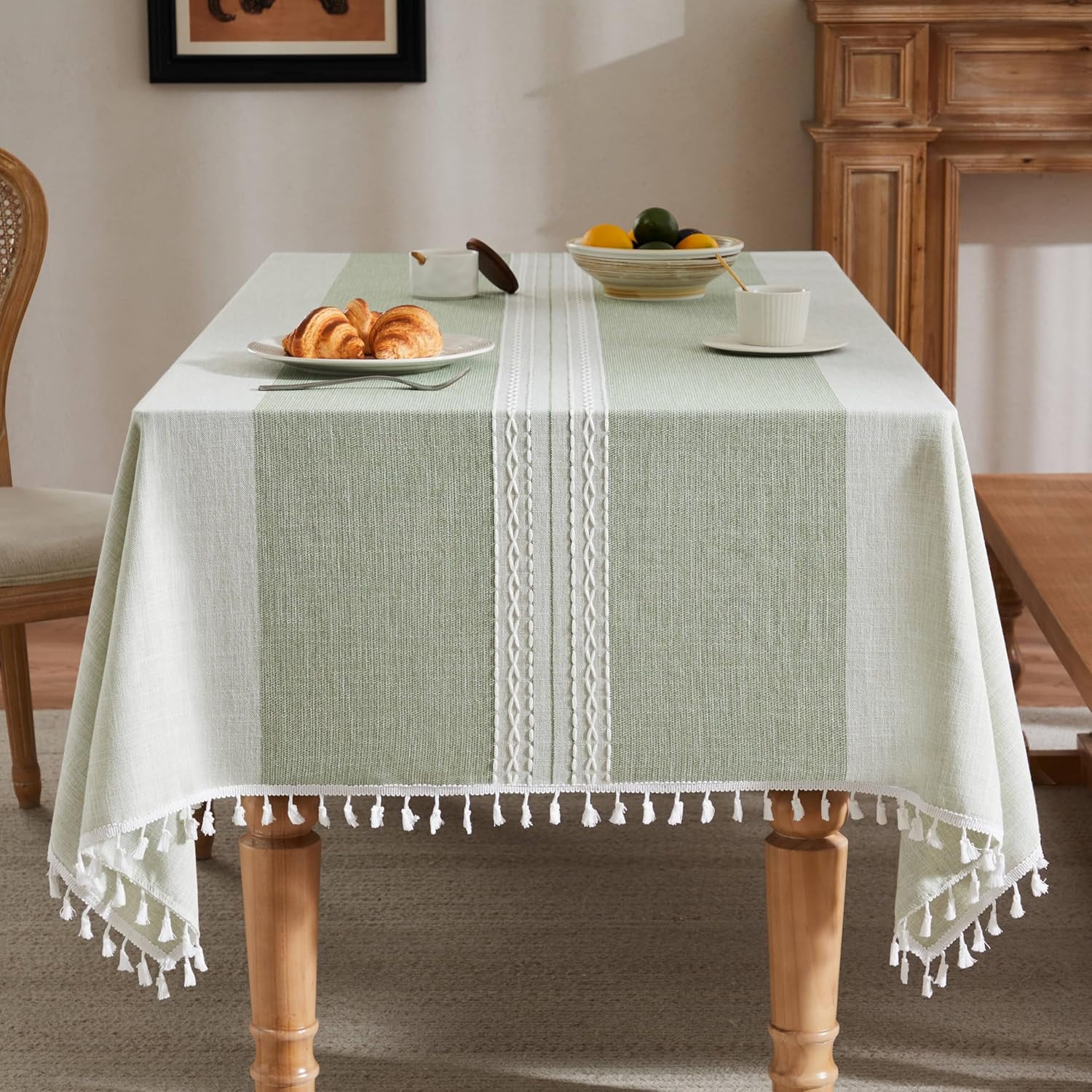 Linen Table Cloth Rectangle Table Cloths 52x70 Inch Mid-Stripe Green ...