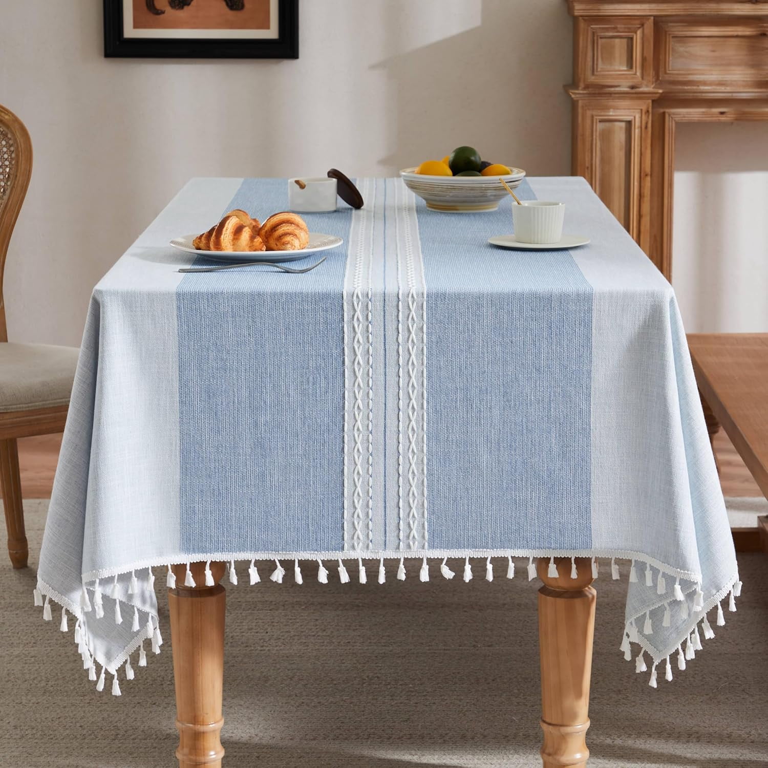 Linen Table Cloth Rectangle Table Cloths 60x120 Inch Mid-Stripe Blue ...