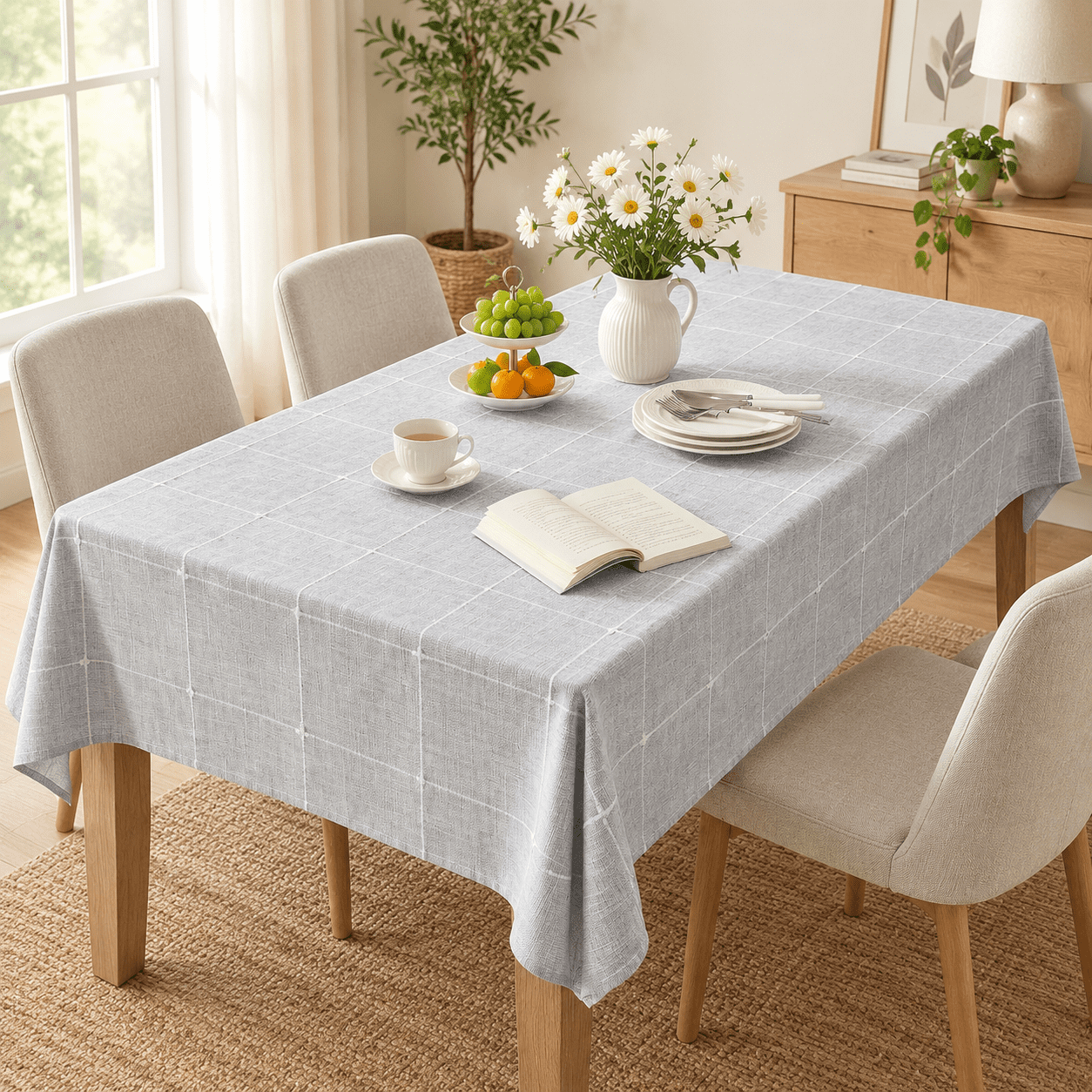 Linen Table Cloth Rectangle Tables 60x84 Inch Plaid Gray Tablecloth ...