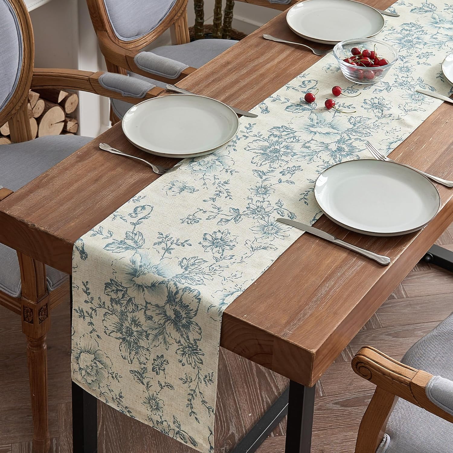 Linen Table Runner Floral Print for Kitchen Farmhouse Table Cloth with ...
