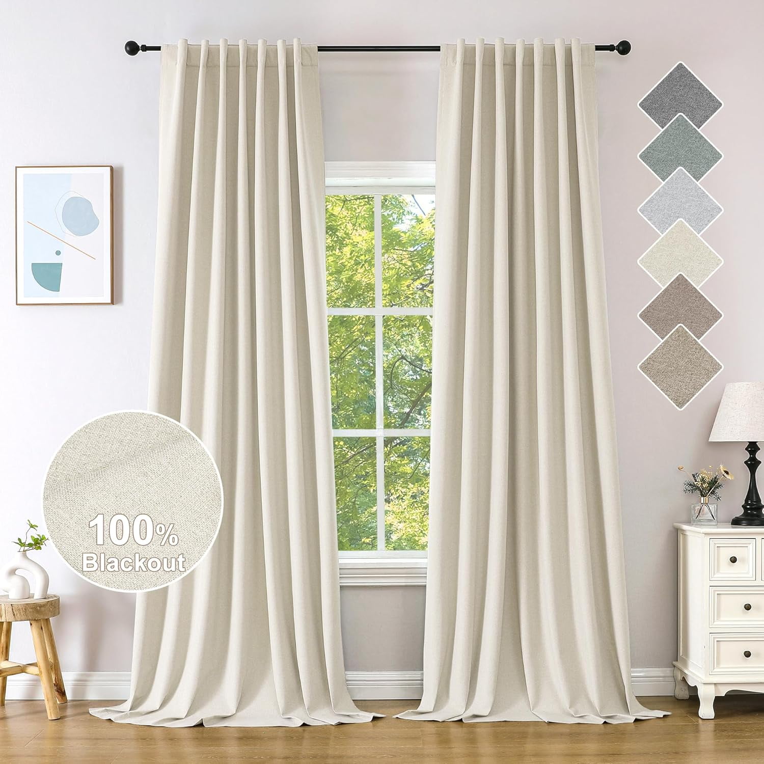 Linen Texture 100% Blackout Curtains 63 inches Long for Bedroom Living Room Darkening Full Black ...