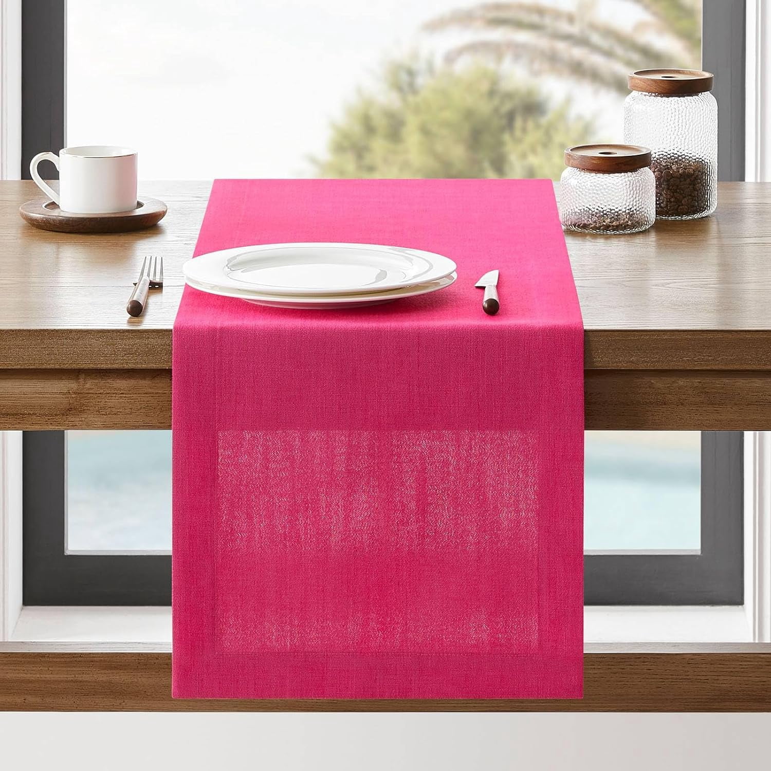Linen Textured Border Table Runner, 14 x 90 Inch Hot Pink, Farmhouse ...