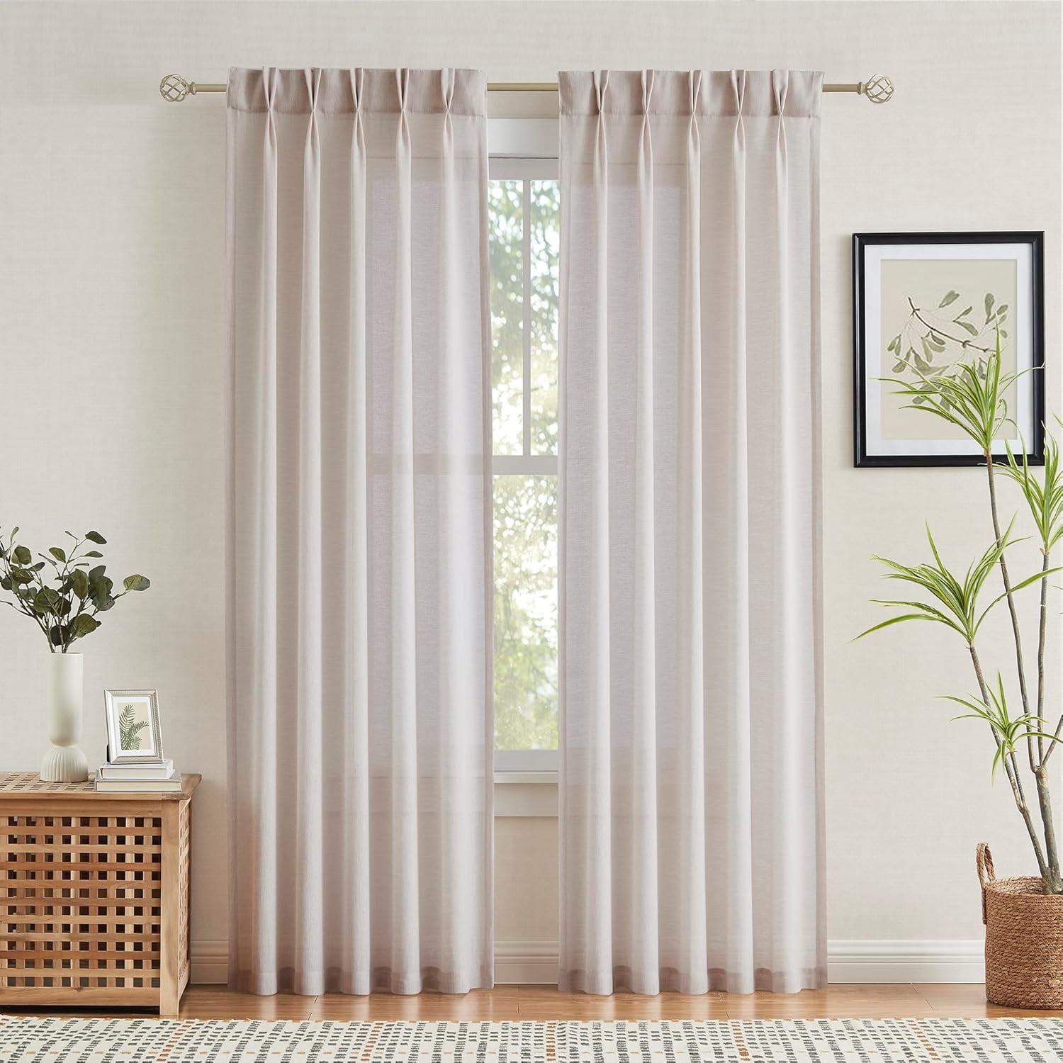 Linen Textured Pinch Pleat 25 X 63 Inch Back Tab Semi Sheer Curtains ...