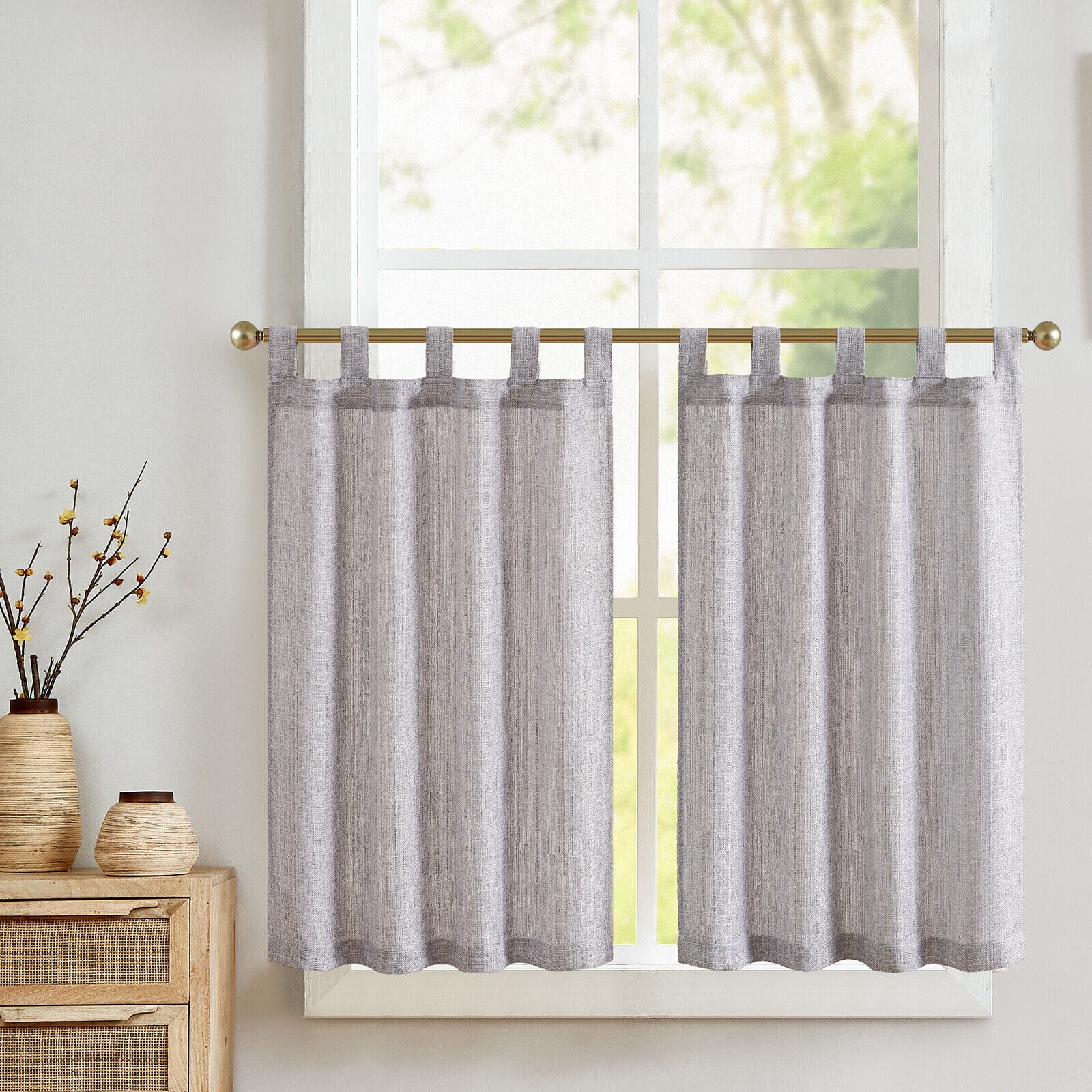 Linen Textured Tier Curtains Tab Top Cafe Curtains Kitchen Farmhouse 2 ...