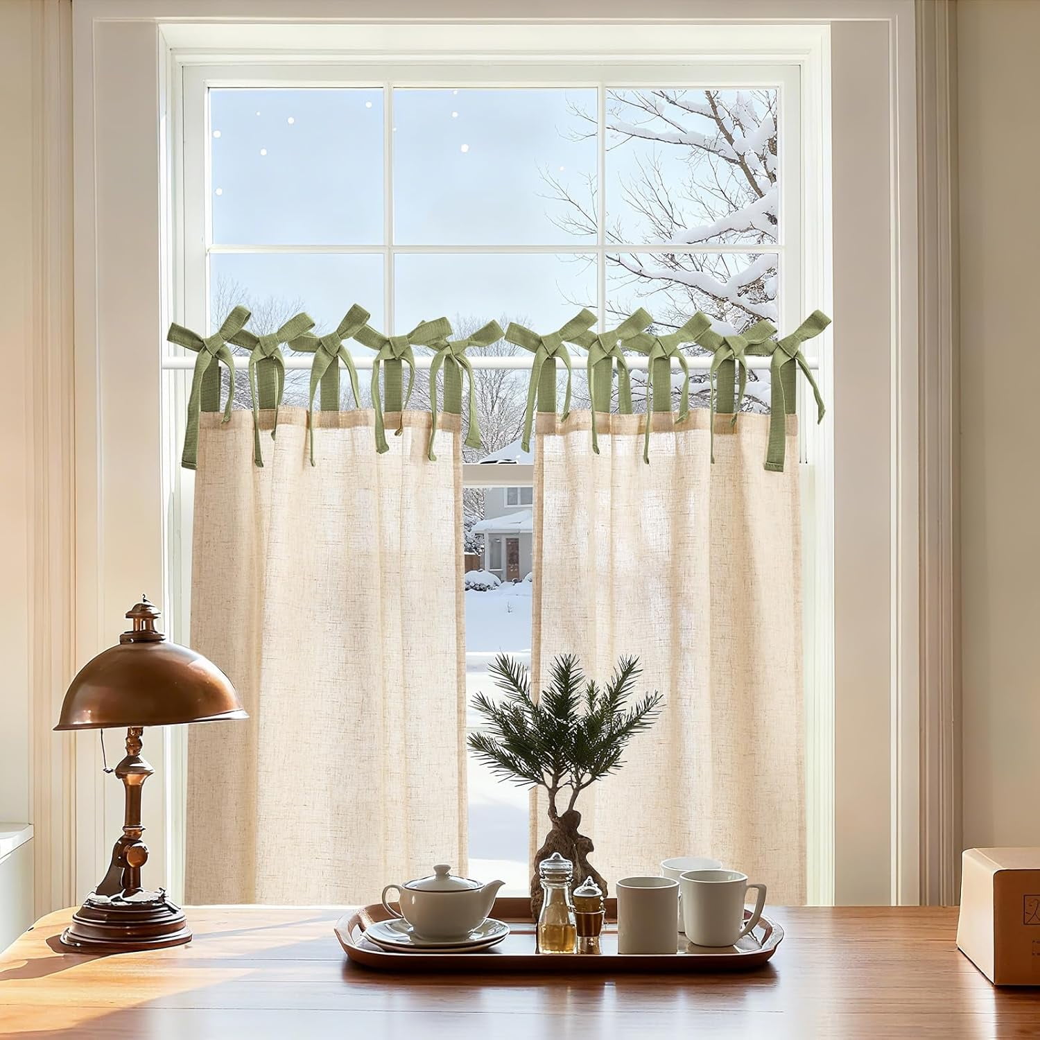 Linen Tie Top Curtains Farmhouse Cafe Curtains Set of 2 for Bedroom ...