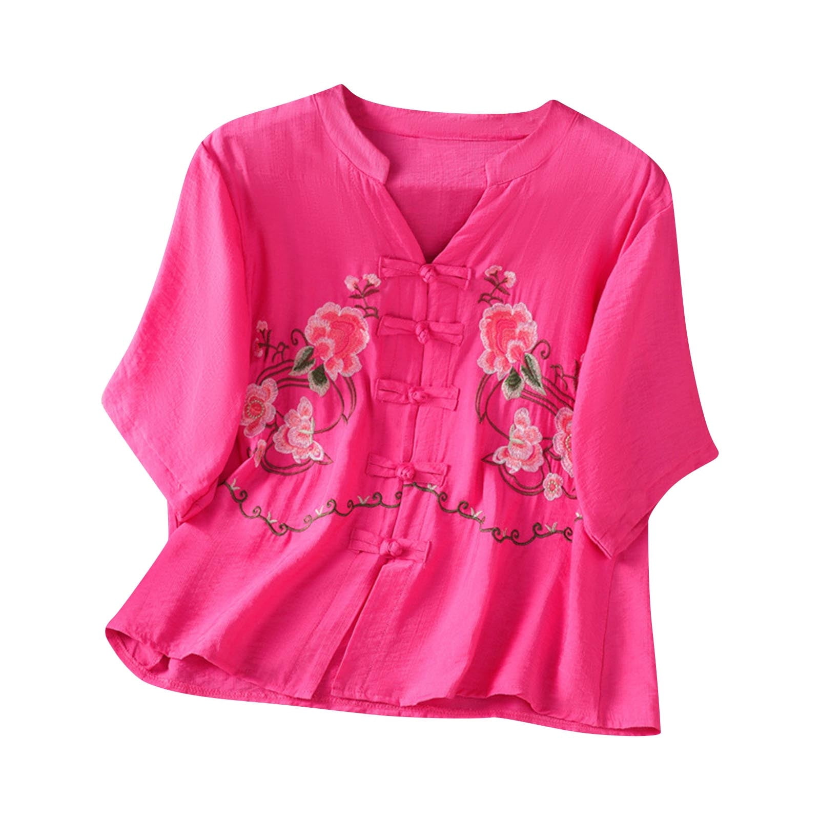 Linen Tops for Women 2025 Chinese Style Embroidered Floral Pattern ...