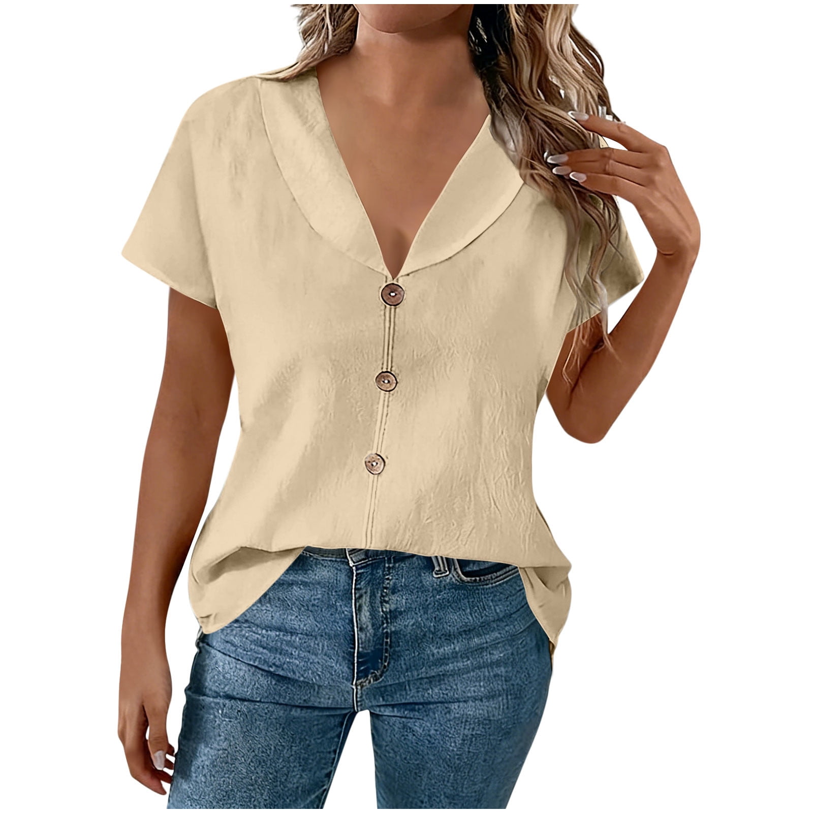 Linen Tops for Women Summer 2026 Cute V Neck Collared Blouse Solid ...