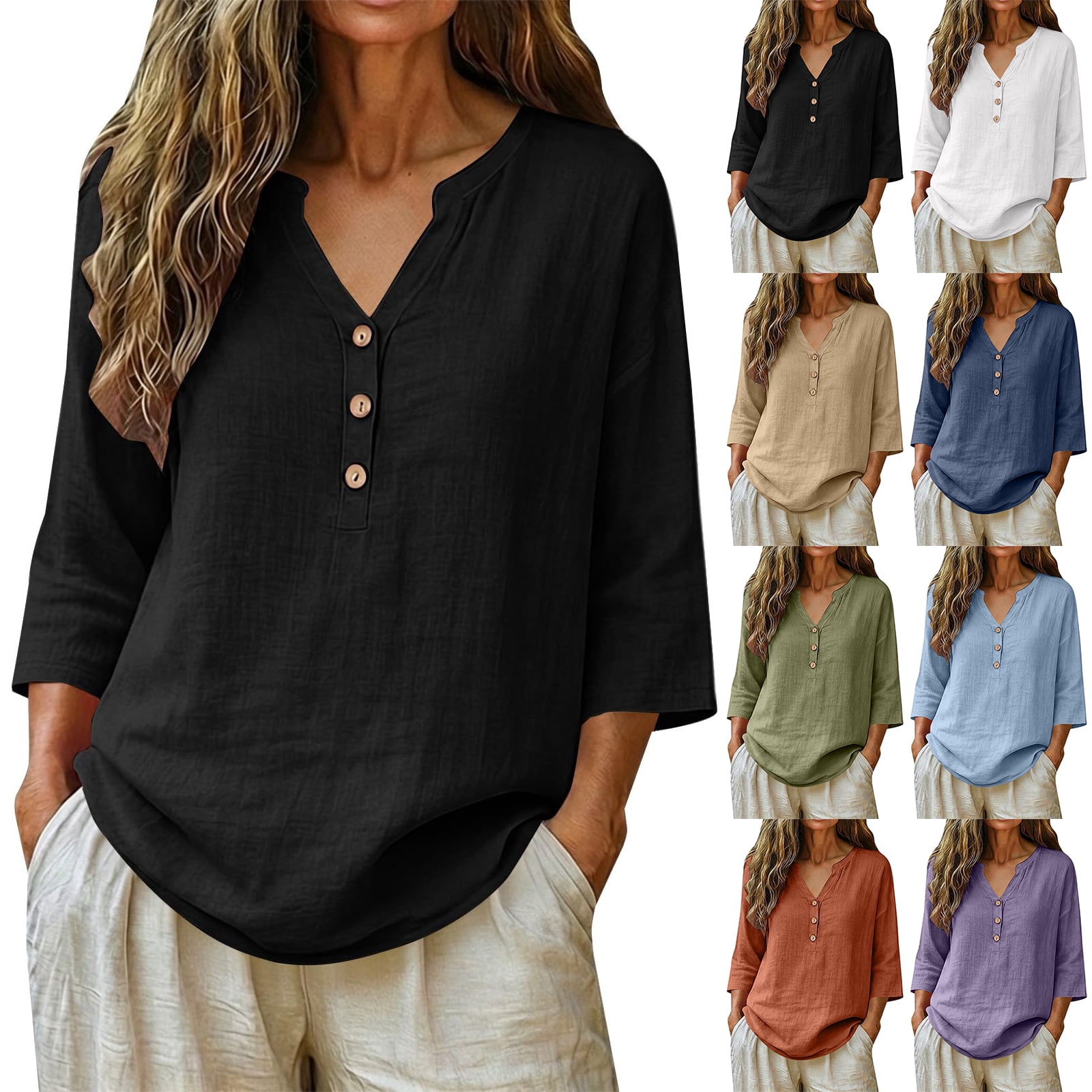 Linen Tops for Women Summer Gauze Shirts 3/4 Sleeve V Neck Button ...