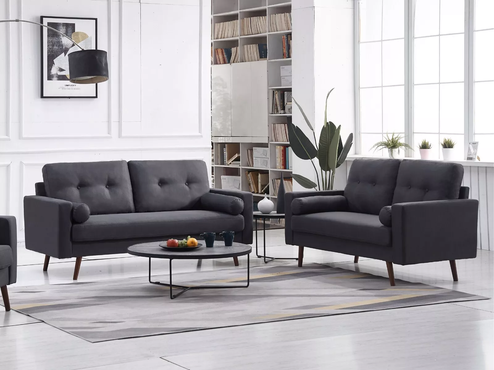 Linen Tufted 2 Piece Living Room Sofa Set with Cylindrical Pillows, 3+2 ...