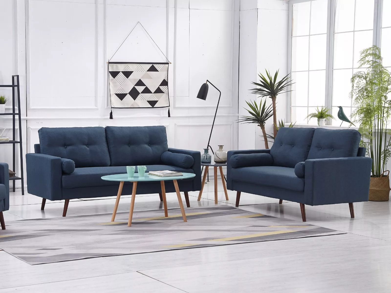 Linen Tufted 2 Piece Living Room Sofa Set with Cylindrical Pillows, 3+2 ...
