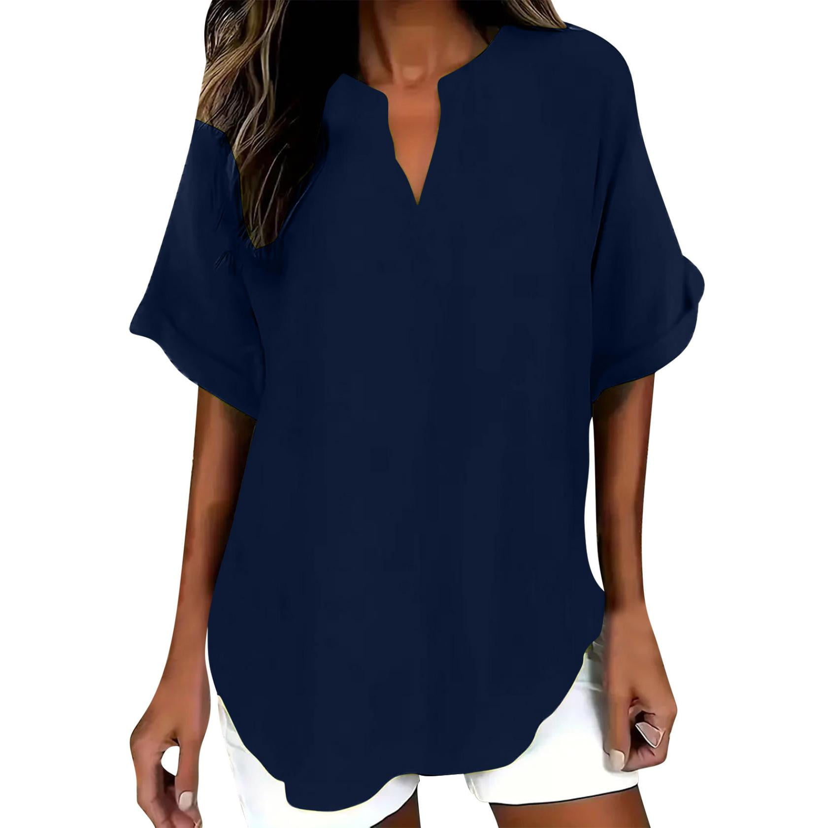 Linen Tunic Tops for Women Loose Fit Trendy Blouses Rolled Short Sleeve ...