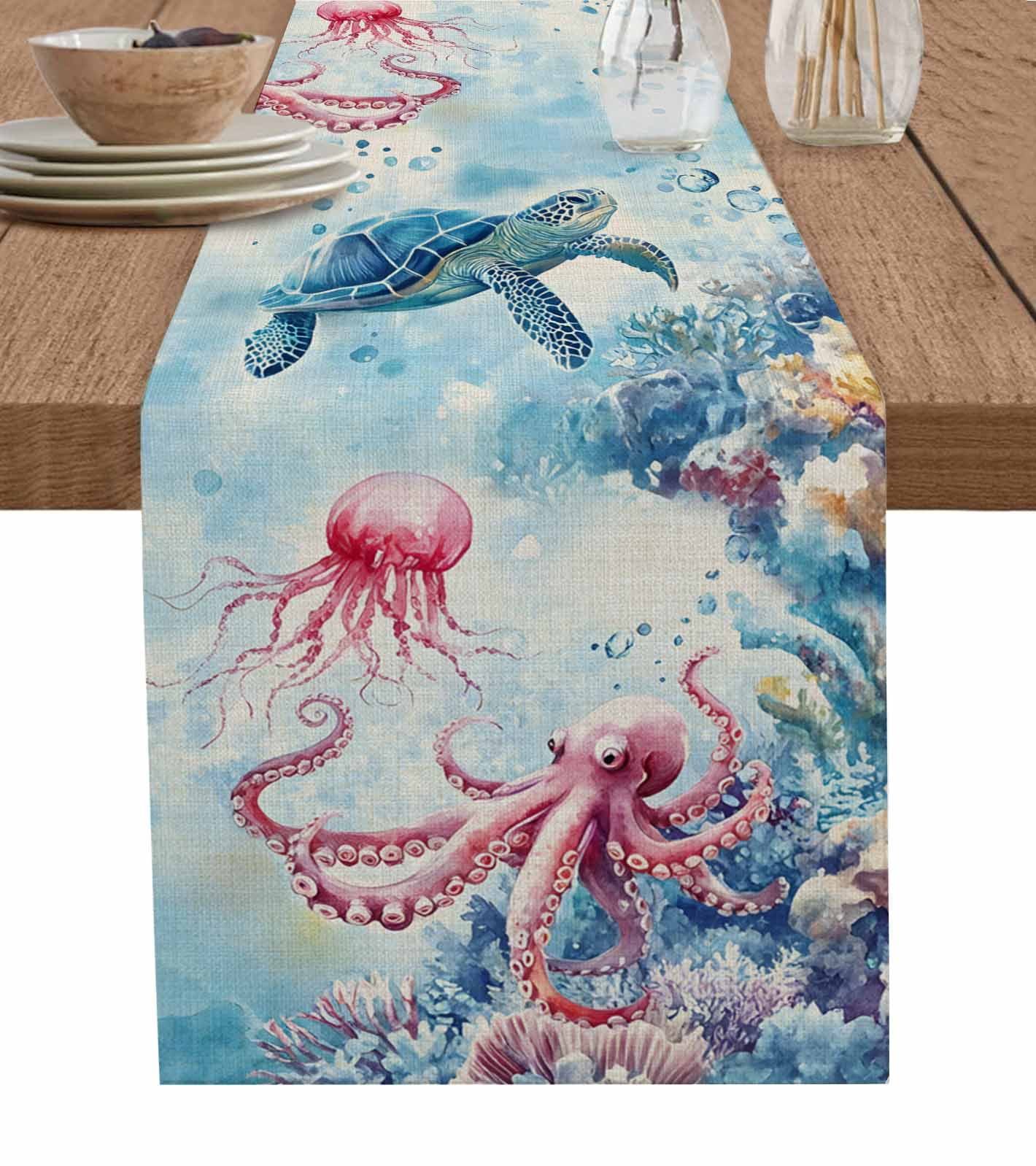 Linen Underwater World Turtle Octopus Coral Table Runner Dresser Scarf ...