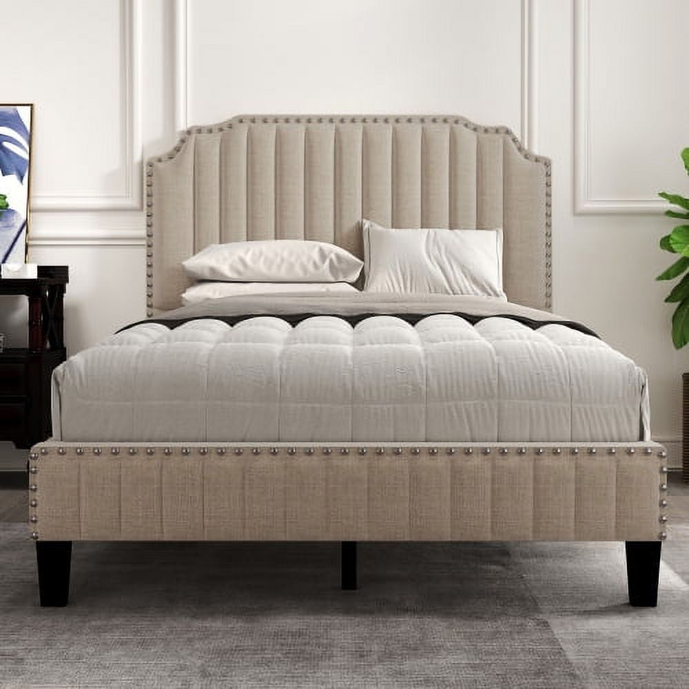 Linen Upholstered Bed Frame, Queen Size Platform Bed with Tufted ...