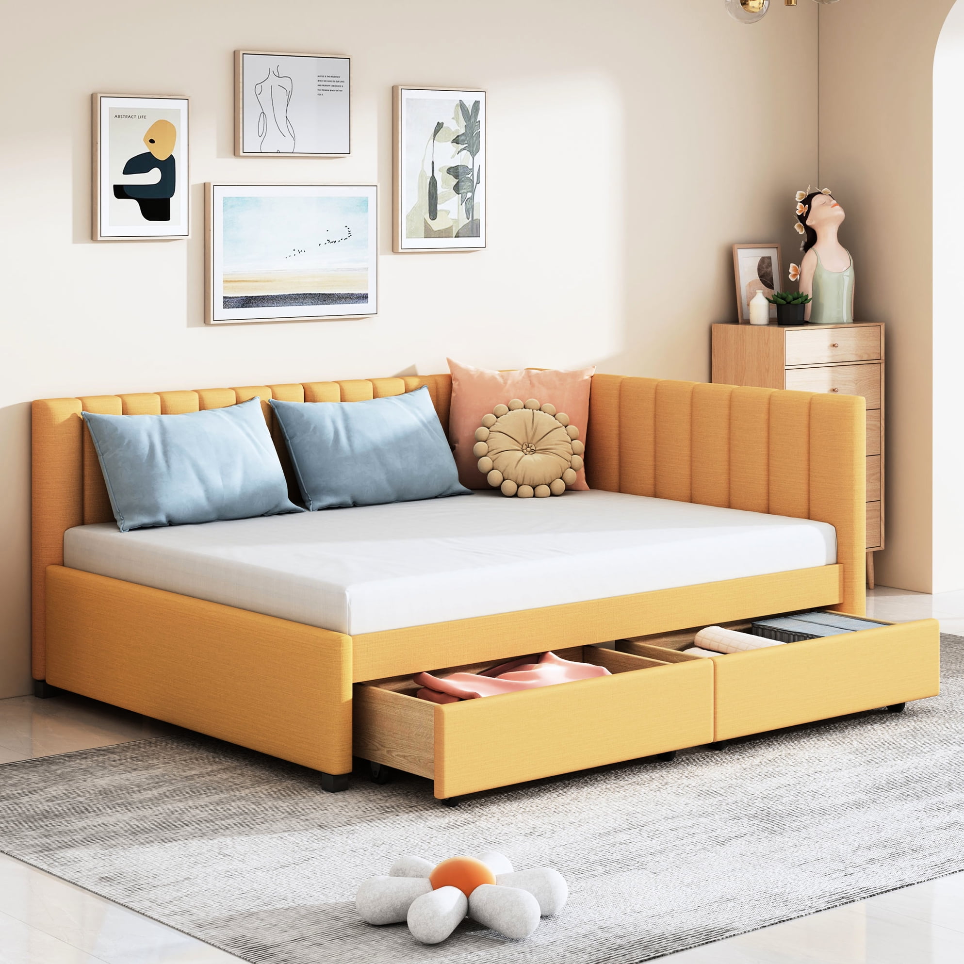 Linen Upholstered Daybed In Yellow With 2 Drawers, No Box Spring, Dependable Construction ...