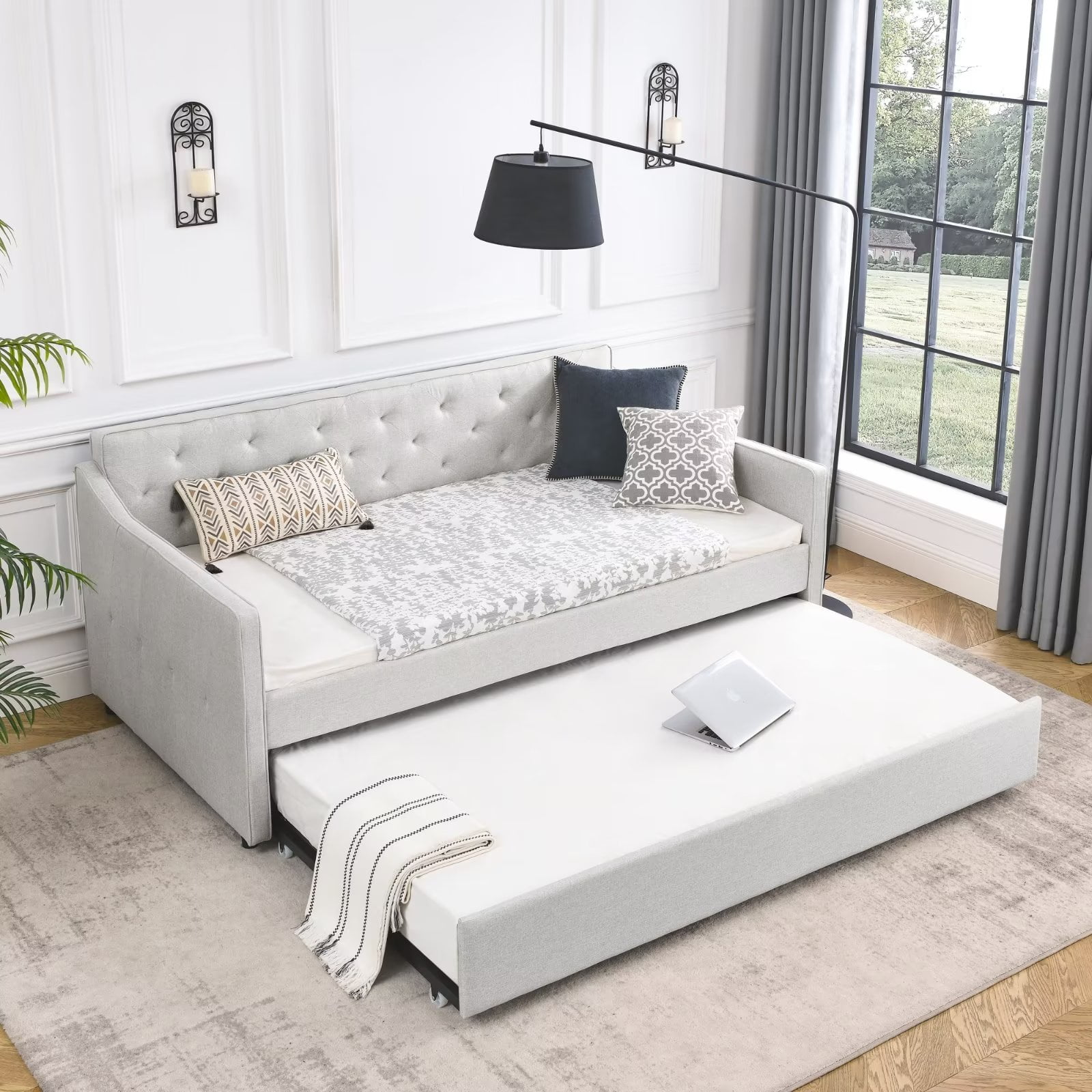 Linen Upholstered Daybed with Trundle, Twin Size Sofa Bed with Waved ...