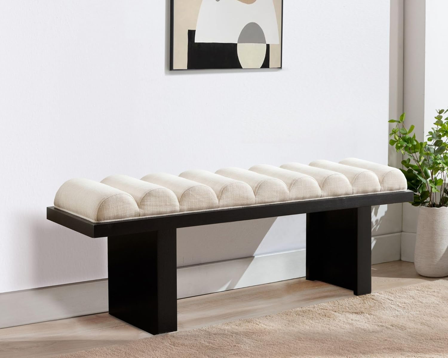 Linen Upholstered Entryway Bench, Modern Dining Room Bench with Channel ...