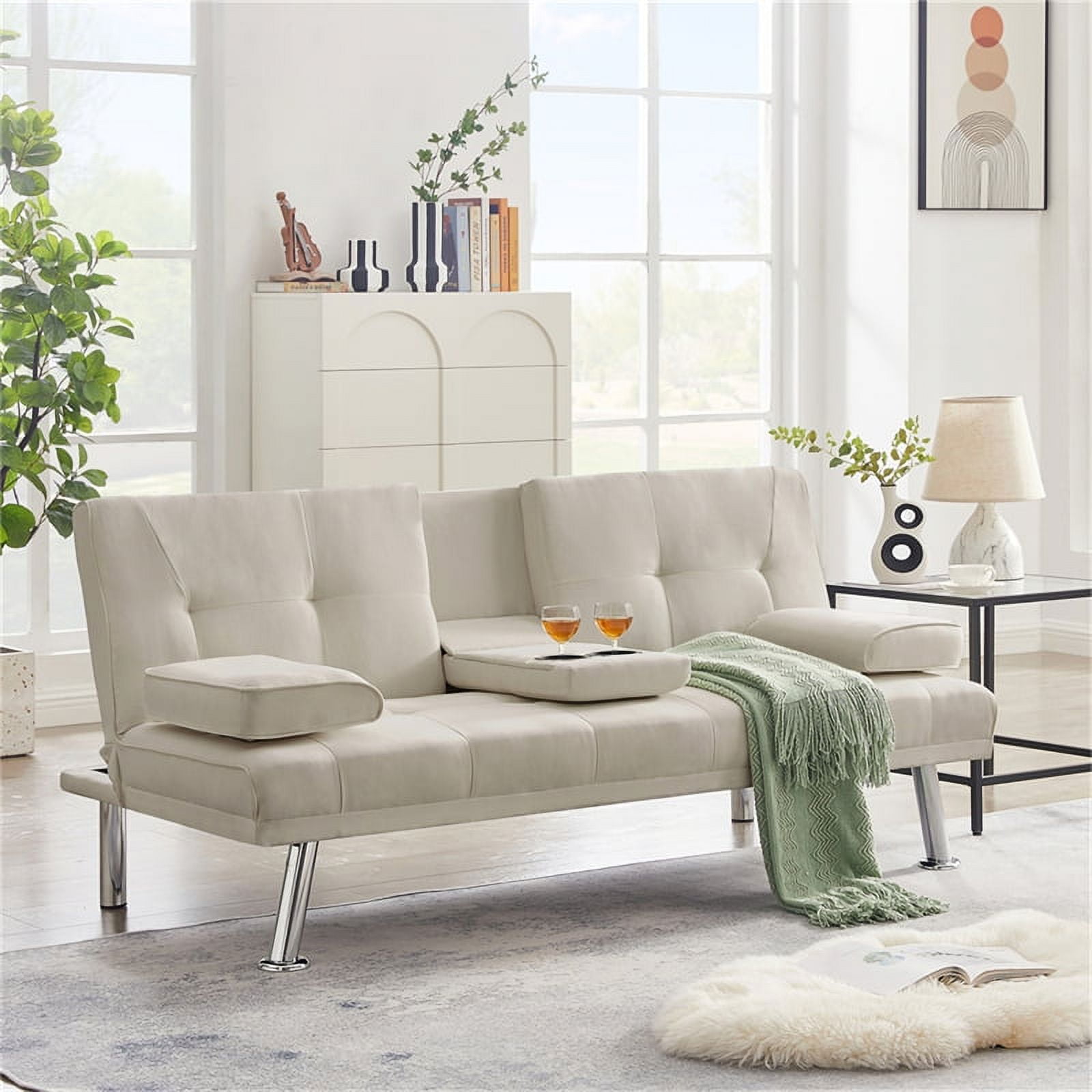 Linen Upholstered Modern Convertible Folding Futon Sofa Bed for Compact ...