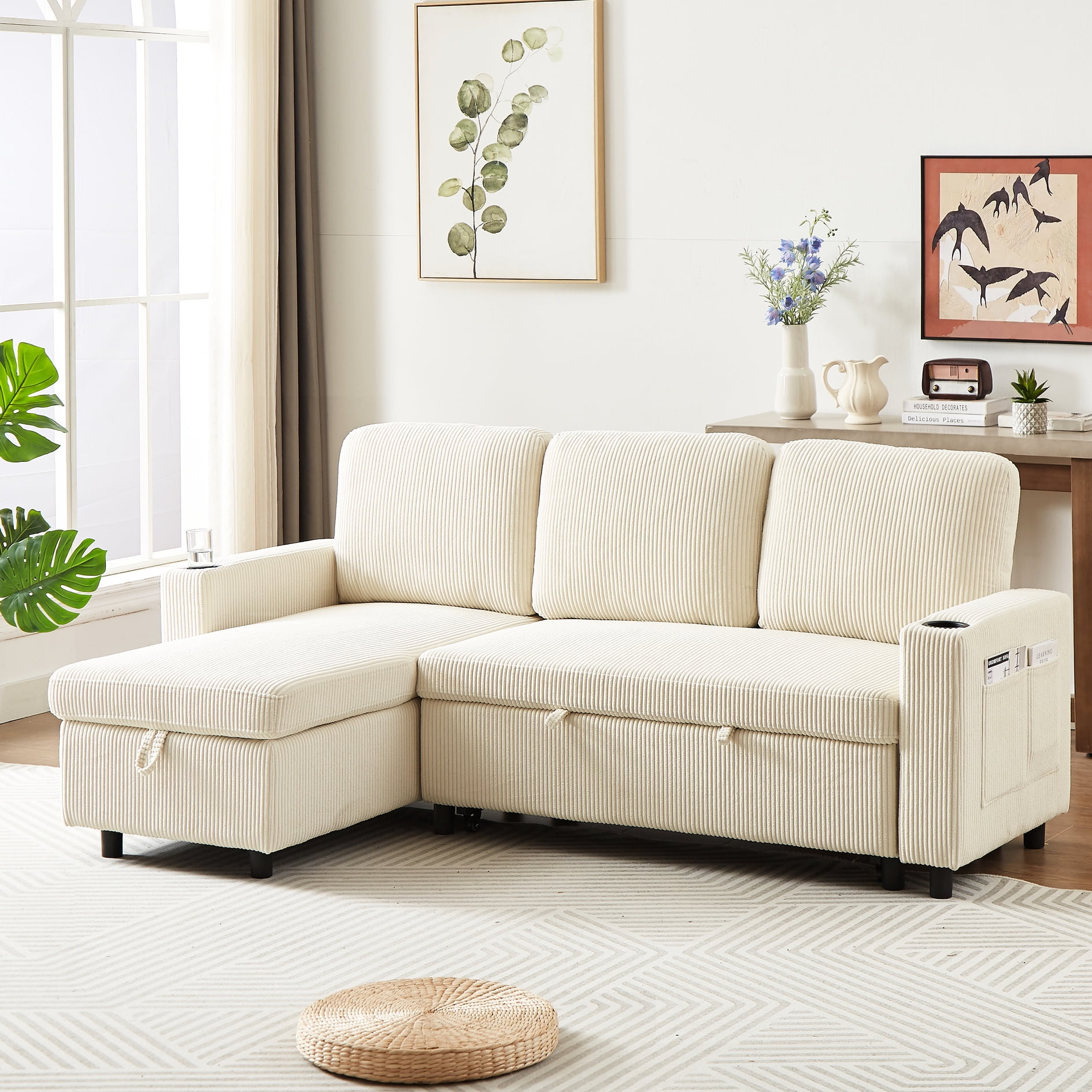 Linen Upholstered Pullout Bed - Corduroy With Reversible Design And Cup ...