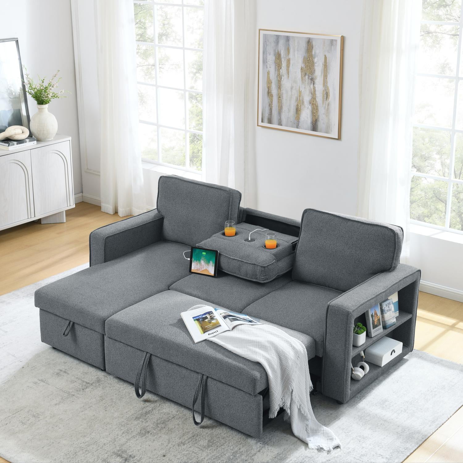 Linen Upholstered Sleeper Sectional Sofa,Pull Out Sleep Couch Bed ...