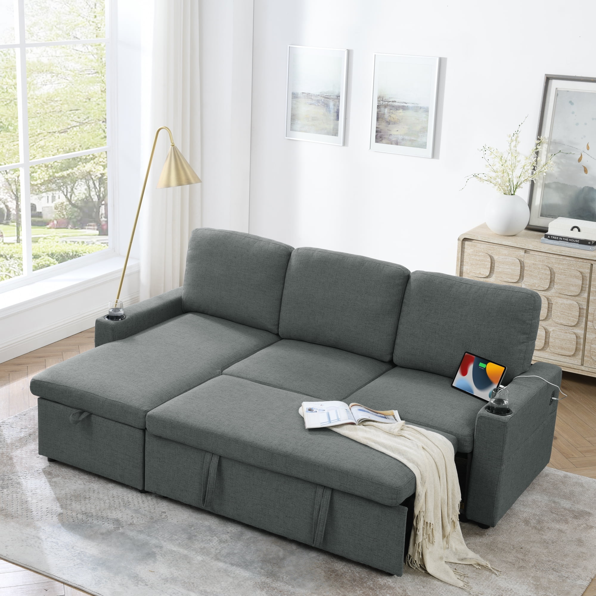 Linen Upholstered Sleeper Sectional Sofa, Shaped Modular Convertible ...
