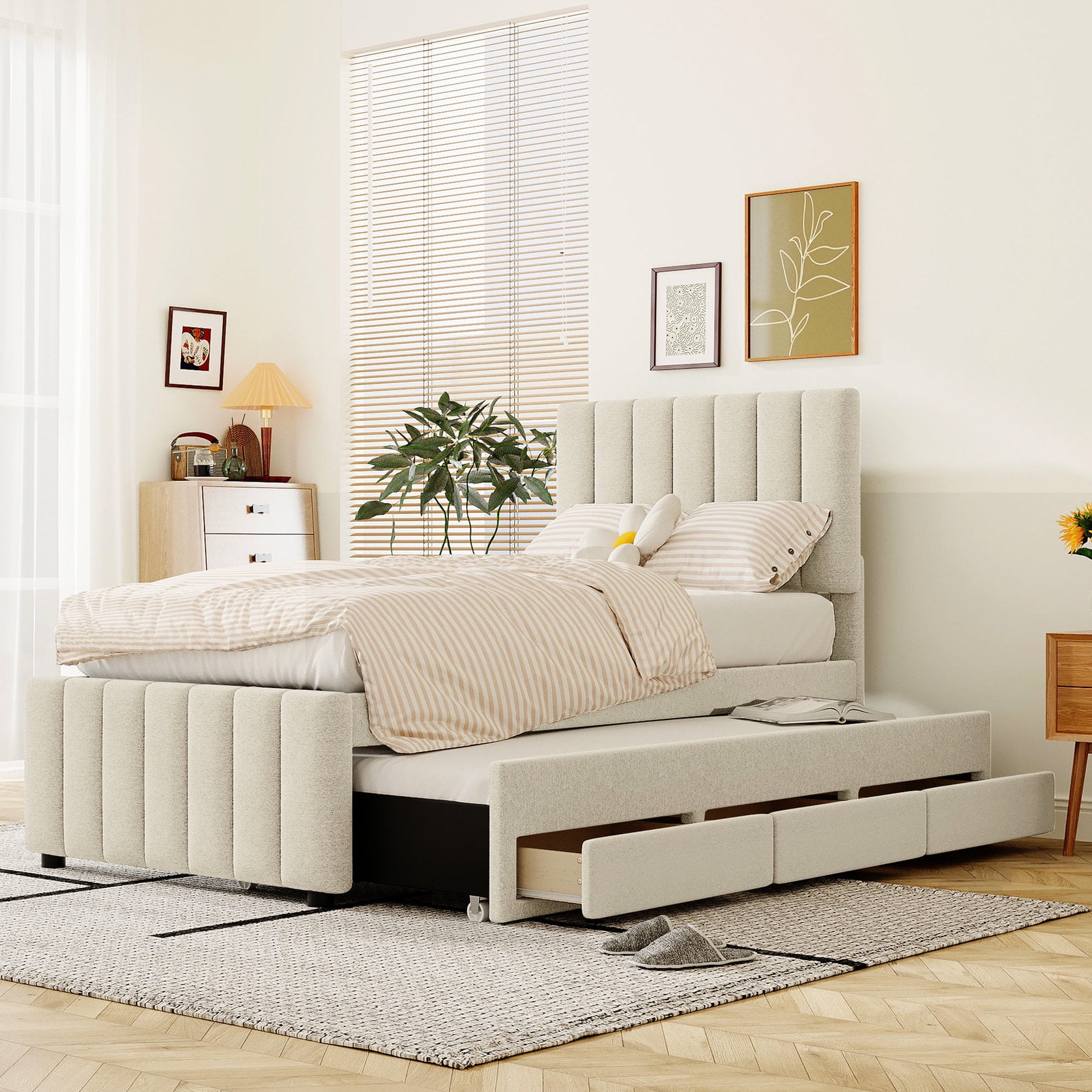 Linen Upholstered Twin Bed with Drawers / Comfortable and Functional ...