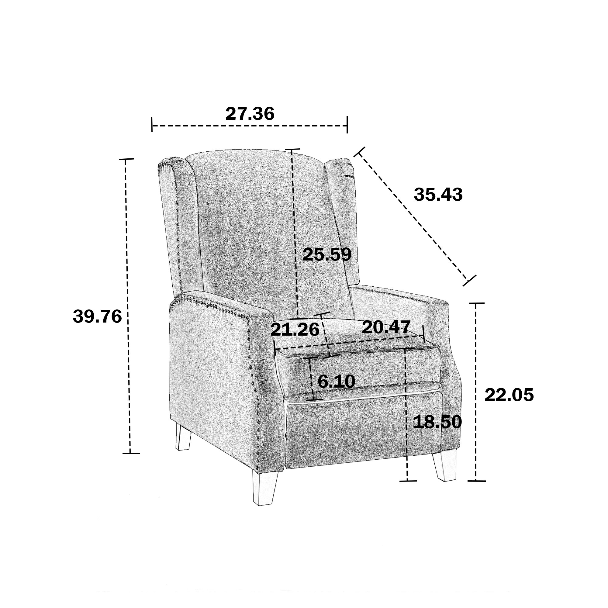 Linen Upholstered Wood Frame Convertible Nailhead Recliner Chair with ...