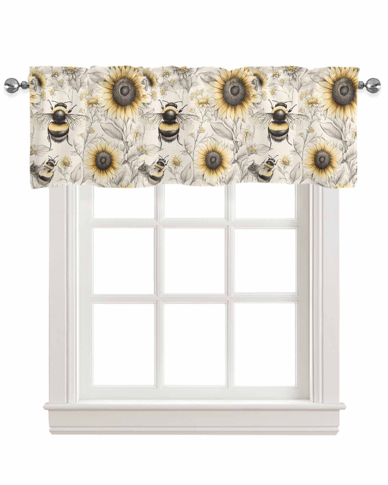 Linen Valance for Windows Sunflower Bees Kitchen Curtain Valances Rod ...