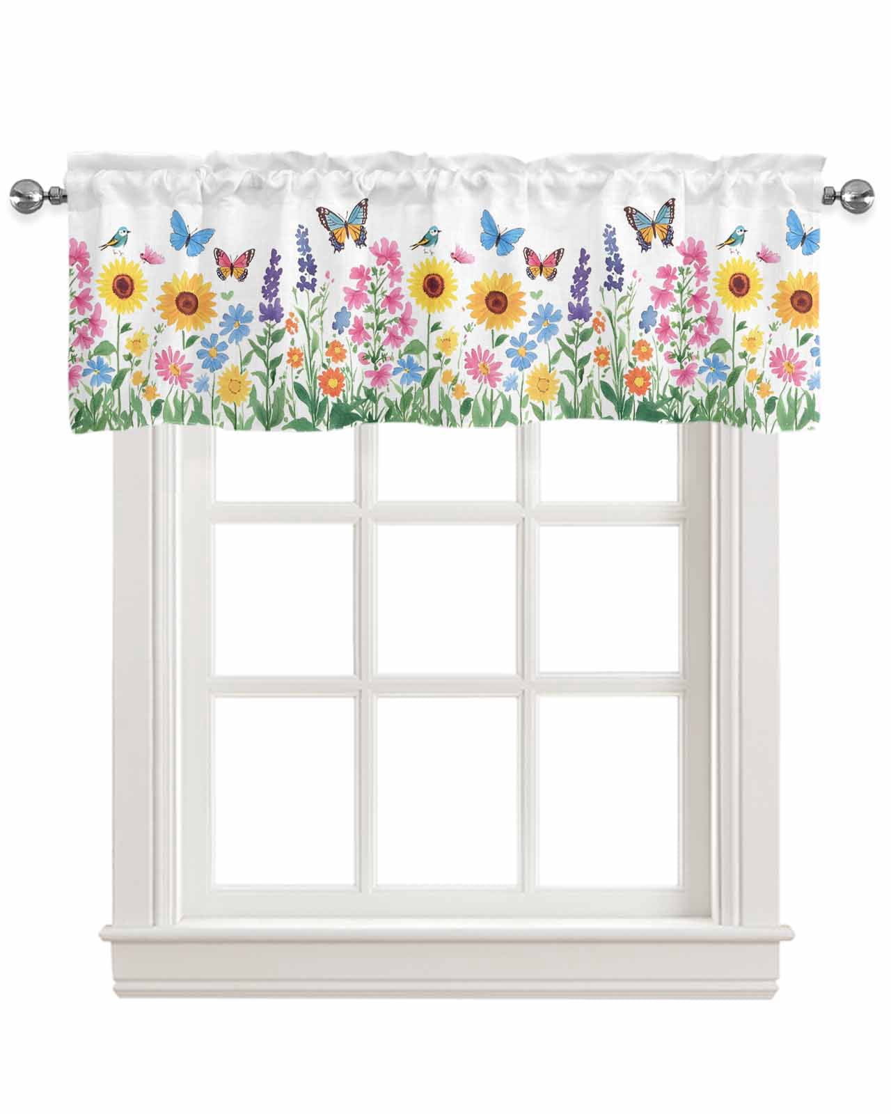Linen Valance for Windows Sunflower Butterfly Bird Kitchen Curtain ...