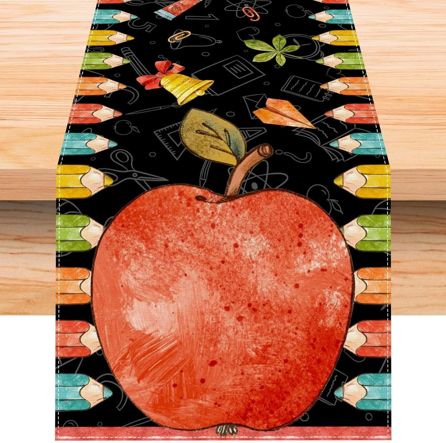 Linen Watercolor Apple Pencil Back to School Table Runner 72 Inches ...