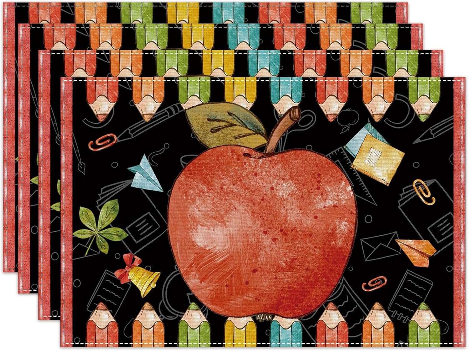 Linen Watercolor Apple Pencil Back To School Placemats Set of 4 First ...