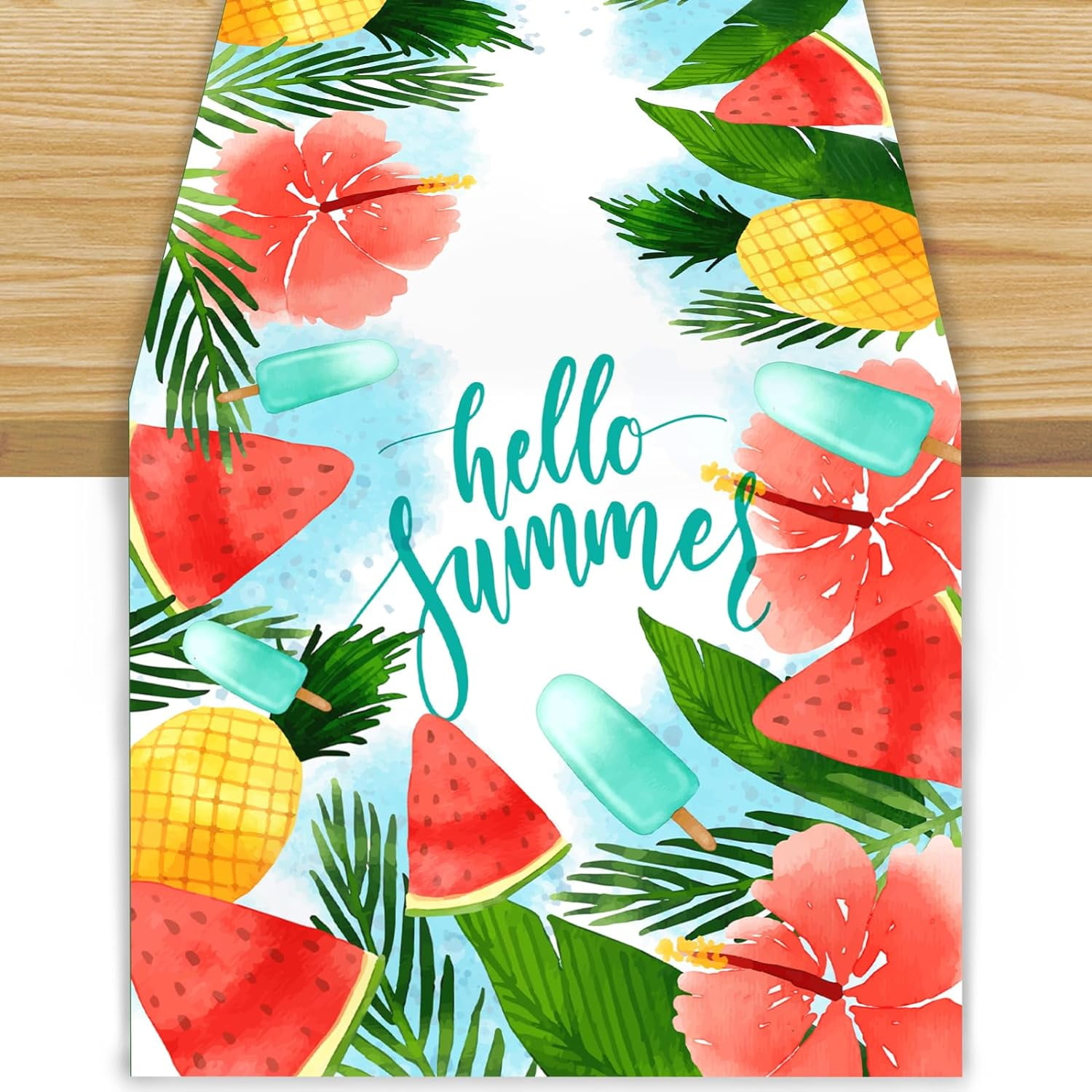 Linen Watercolor Pineapple & Watermelon Table Runner - 13x72 Inch ...