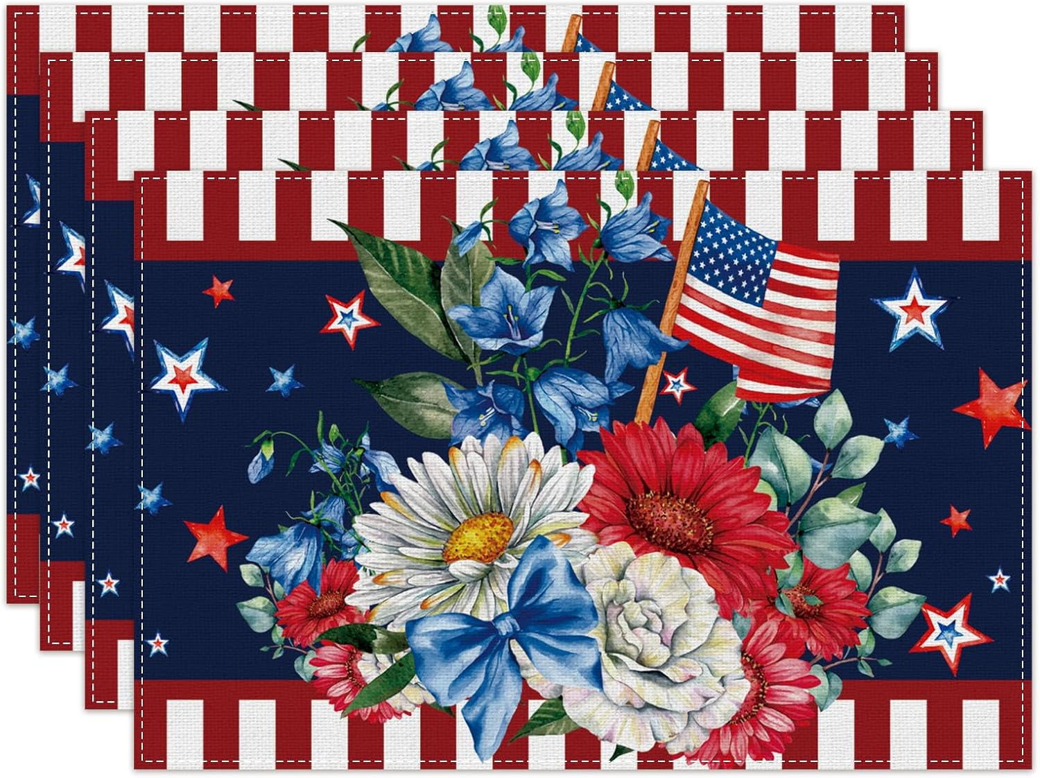 Linen Watercolor Red White and Blue Poppies Stars Patriotic Placemats ...